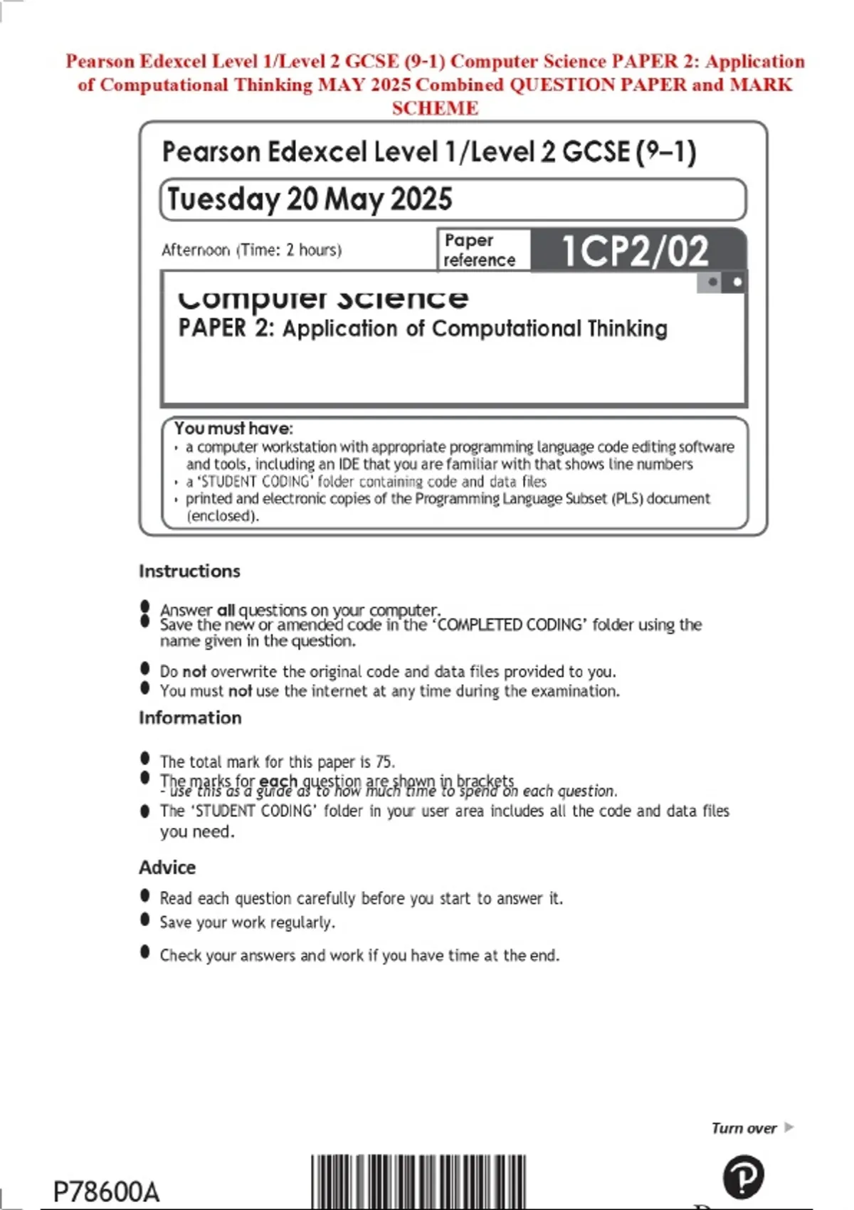 Pearson Edexcel Level 1/Level 2 GCSE (9–1) Computer Science PAPER 2 ...