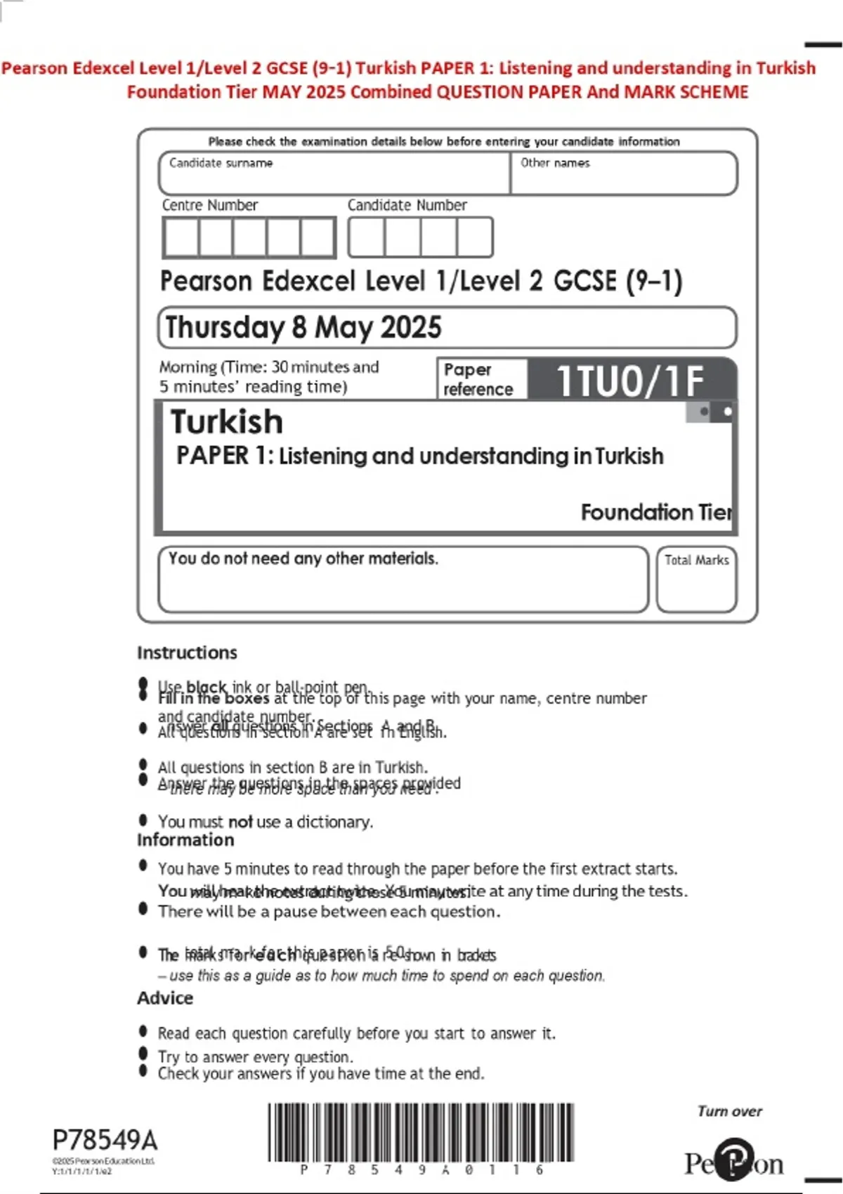 Pearson Edexcel Level 1/Level 2 GCSE (9–1) Turkish PAPER 1: Listening ...