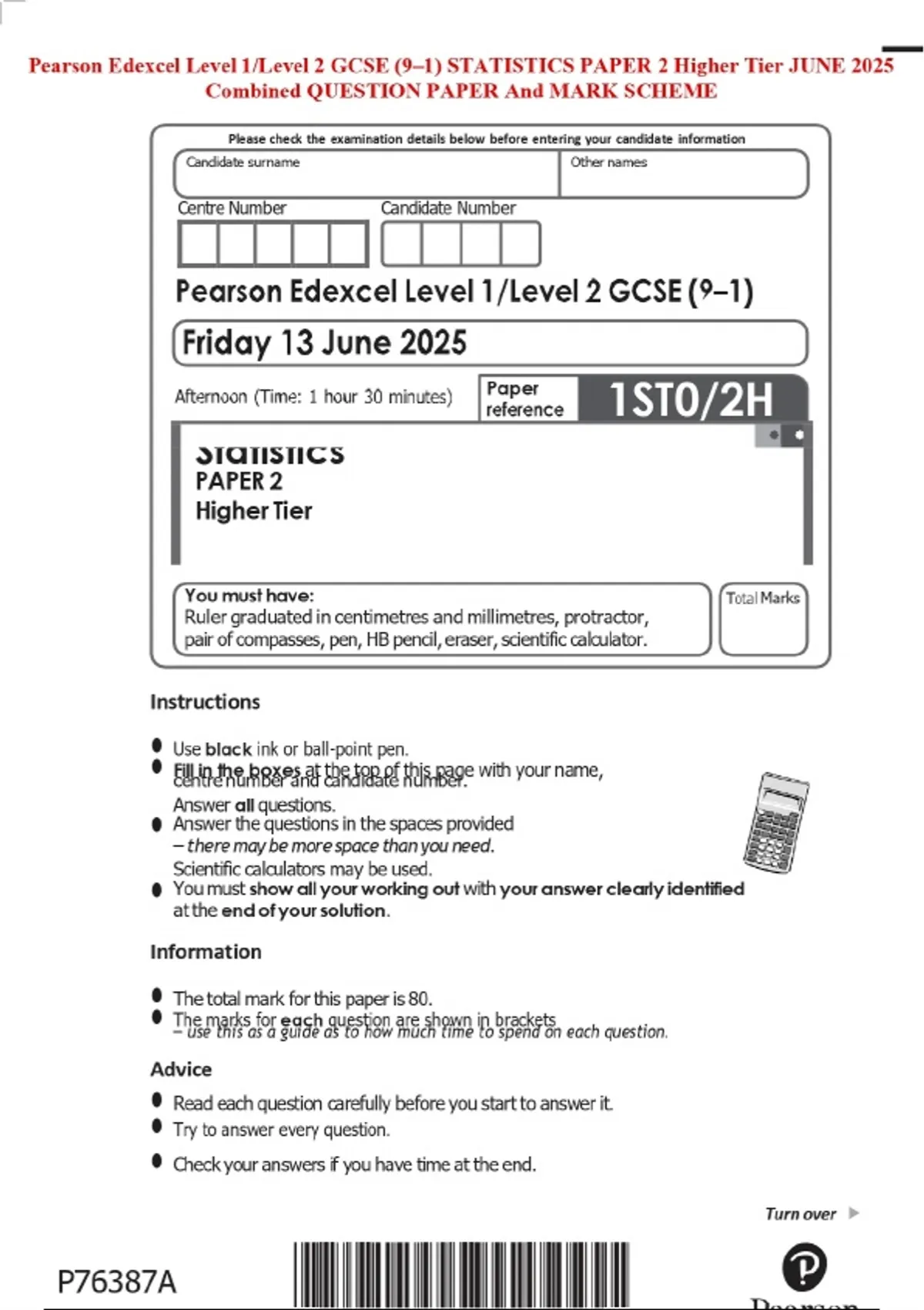 Pearson Edexcel Level 1/Level 2 GCSE (9–1) STATISTICS PAPER 2 Higher ...