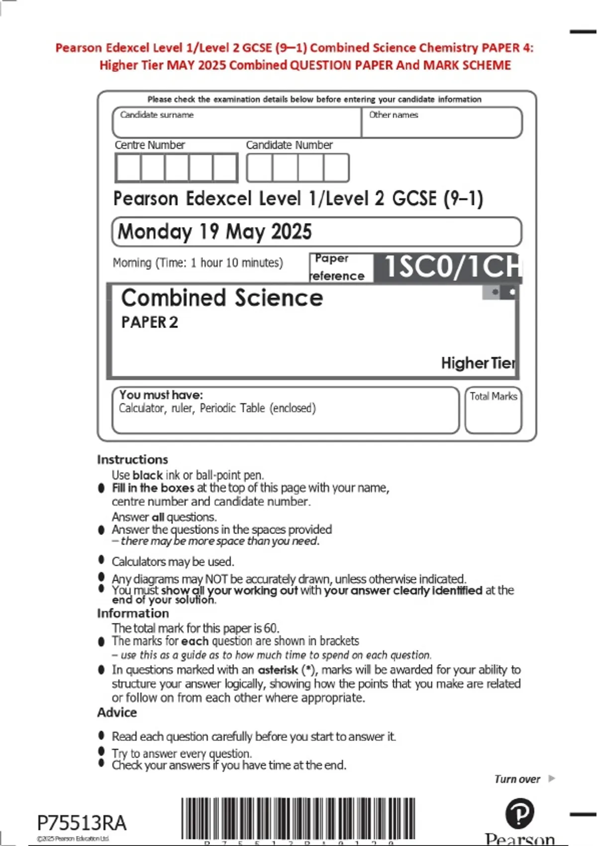 Pearson Edexcel Level 1/Level 2 GCSE (9–1) Combined Science Chemistry ...