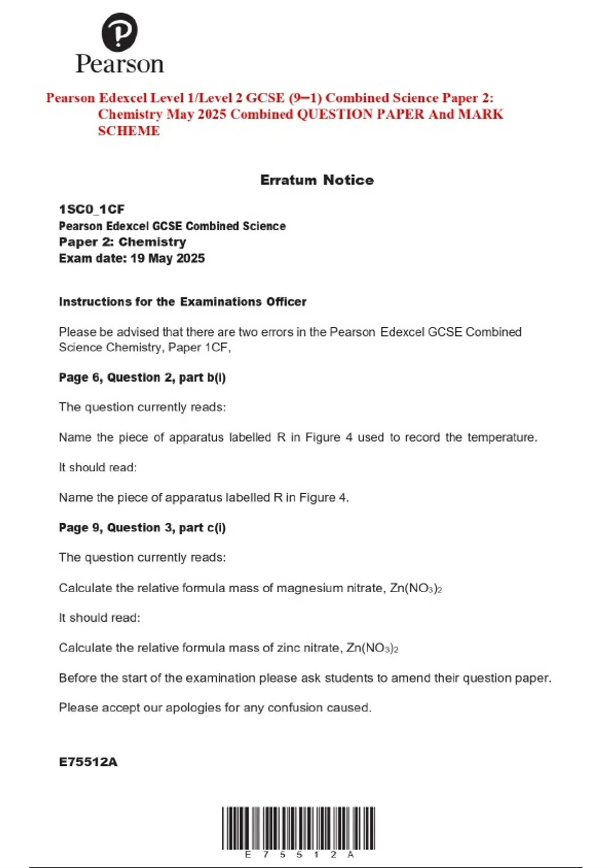 Pearson Edexcel Level 1/Level 2 GCSE (9–1) Combined Science Paper 2 ...