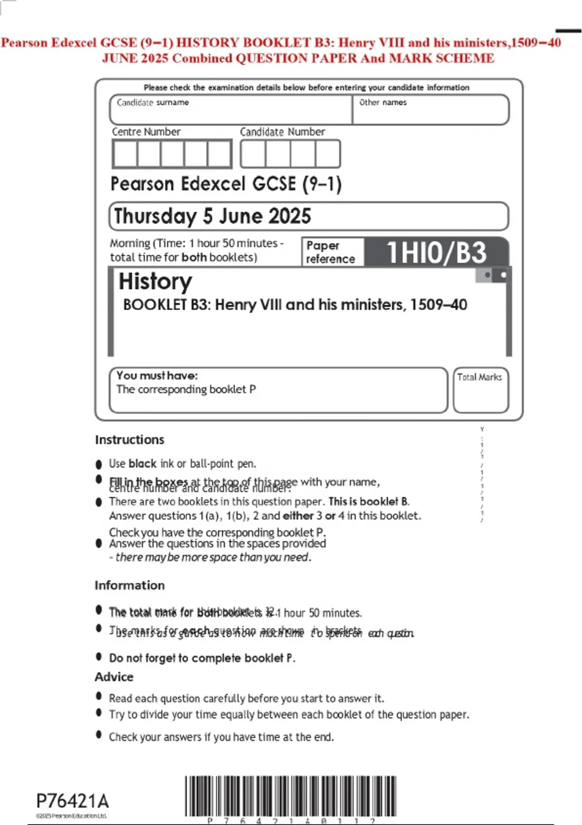 Pearson Edexcel GCSE (9–1) HISTORY BOOKLET B3: Henry VIII and his ...