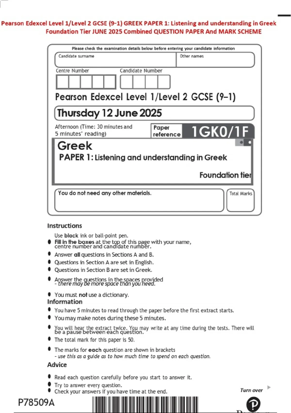Pearson Edexcel Level 1/Level 2 GCSE (9–1) GREEK PAPER 1: Listening and ...