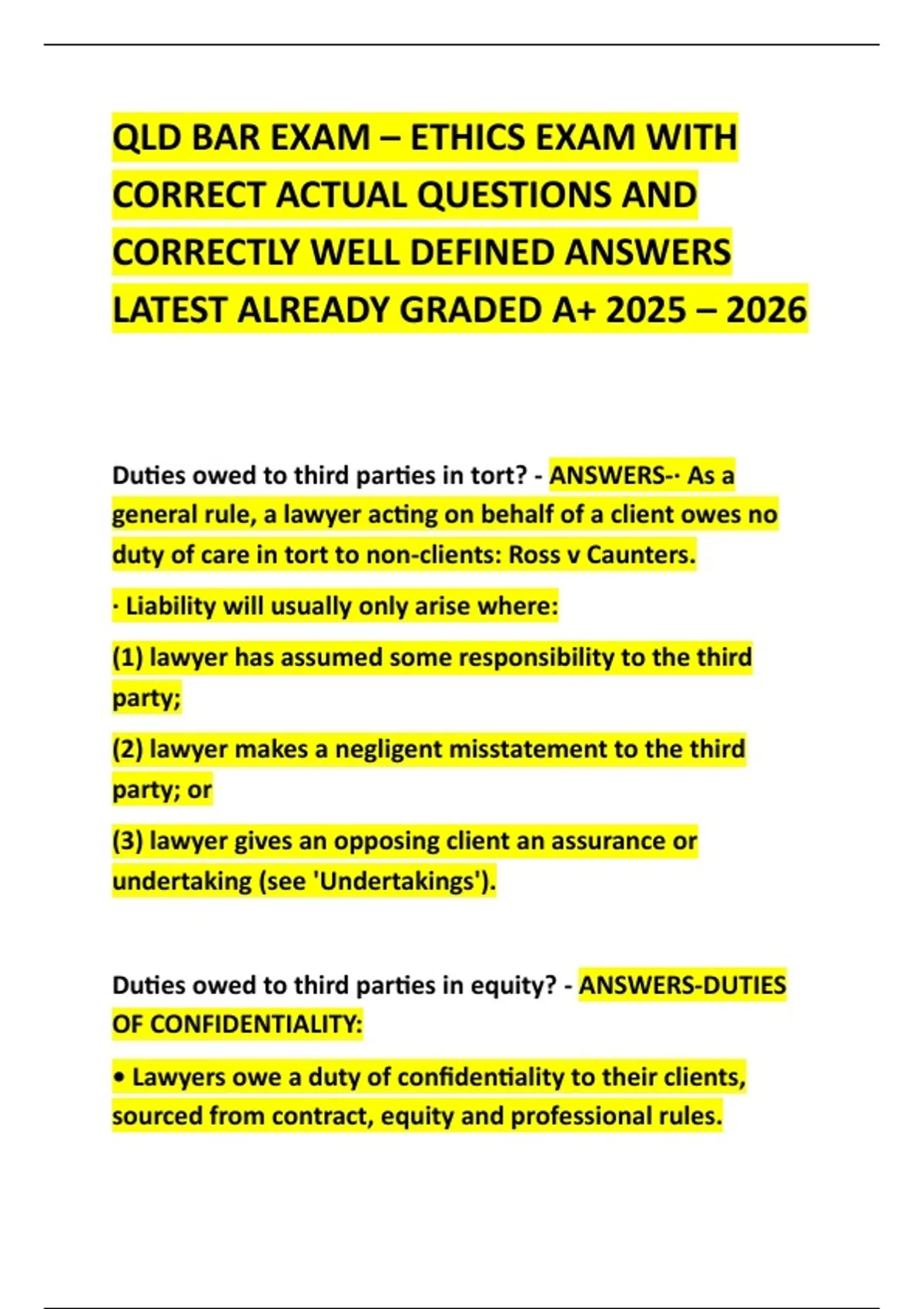 QLD BAR EXAM – ETHICS EXAM WITH CORRECT ACTUAL QUESTIONS AND CORRECTLY ...