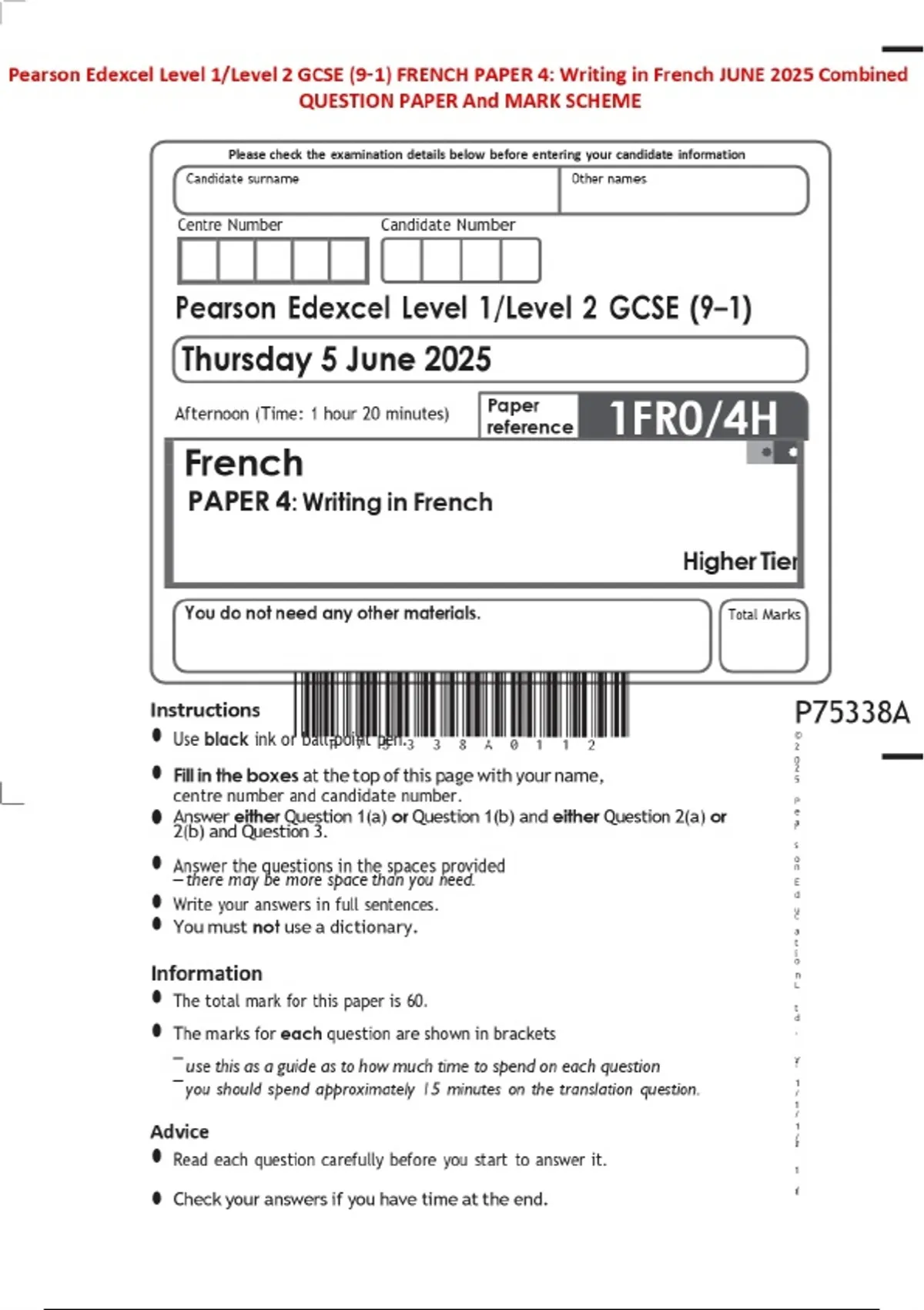 Pearson Edexcel Level 1/Level 2 GCSE (9–1) FRENCH PAPER 4: Writing in ...