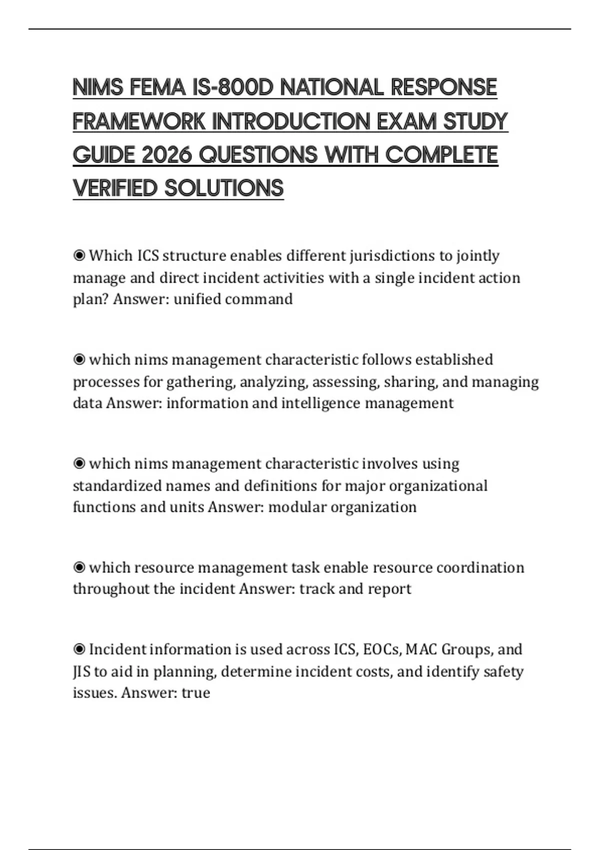 NIMS FEMA IS-800D NATIONAL RESPONSE FRAMEWORK INTRODUCTION EXAM STUDY ...