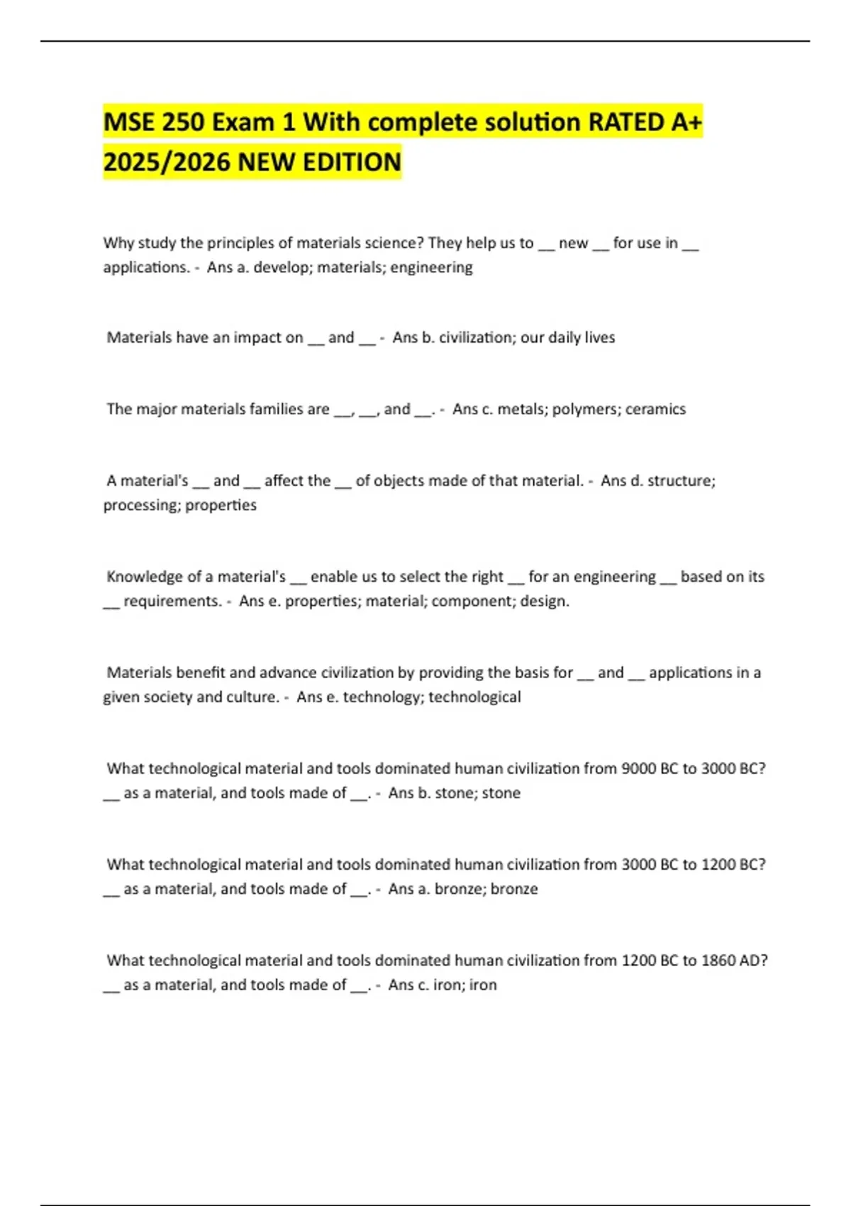 MSE 250 Exam 1 With complete solution RATED A+ 2025/2026 NEW EDITION ...