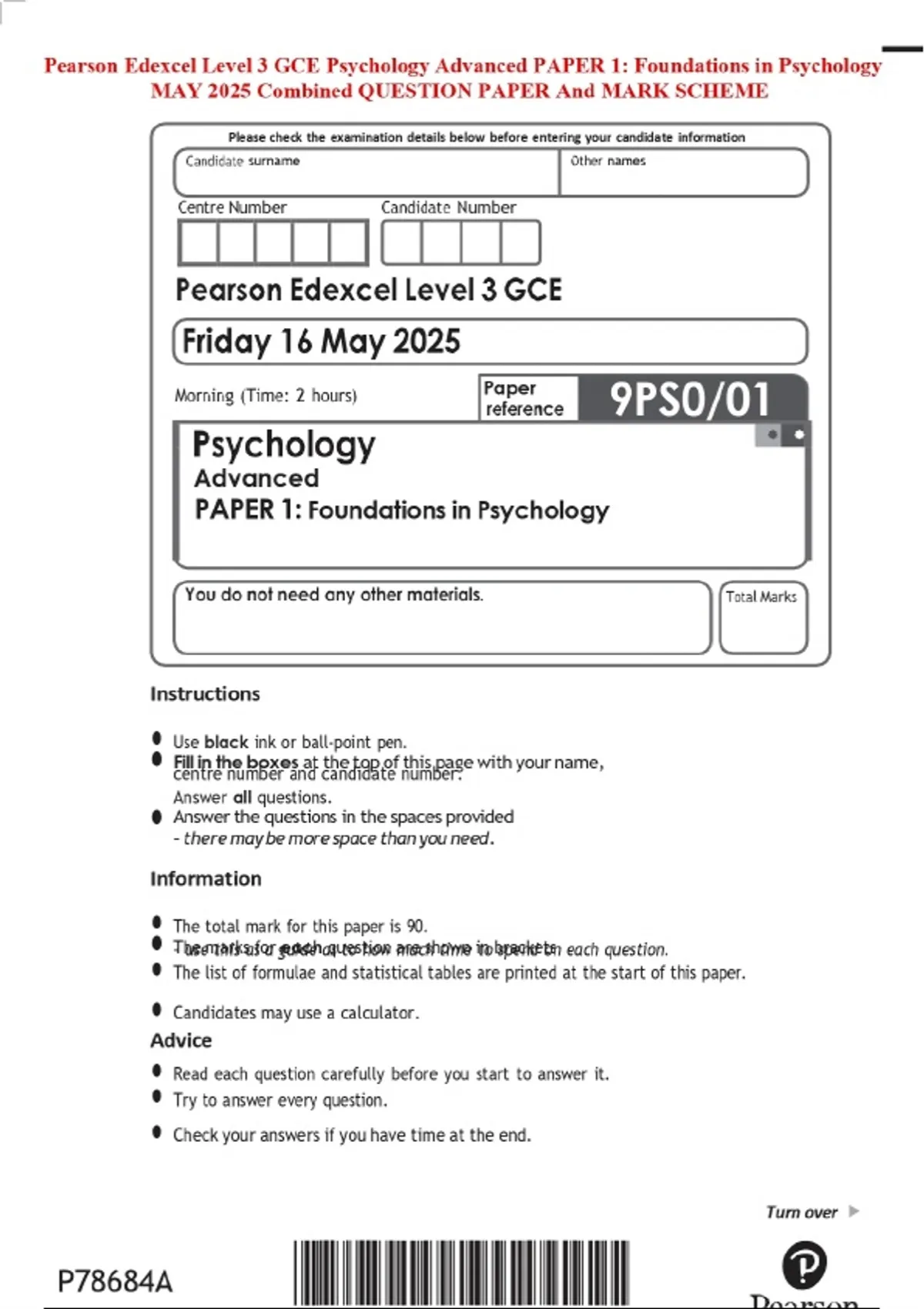 Pearson Edexcel Level 3 GCE Psychology Advanced PAPER 1: Foundations in ...