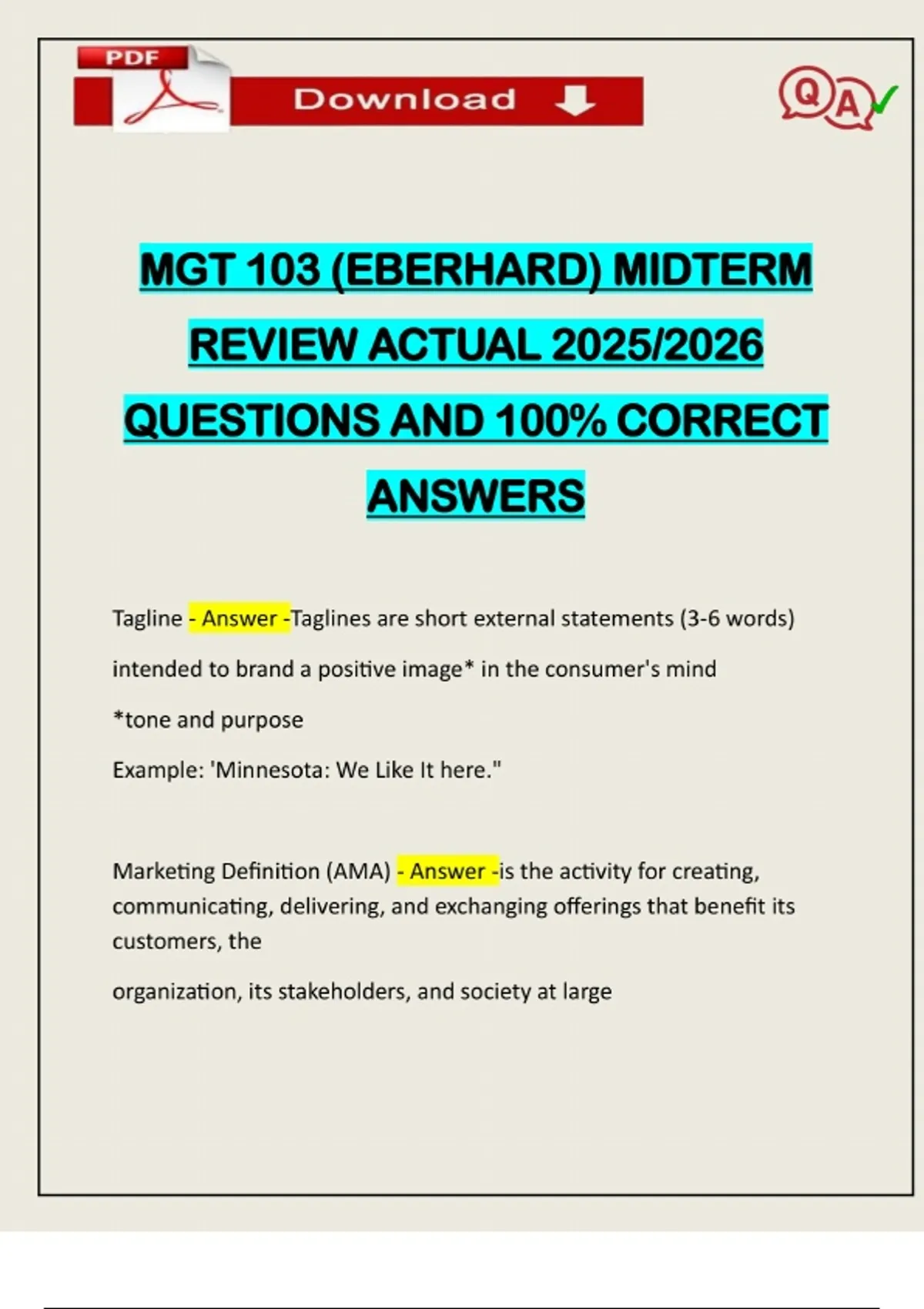 MGT 103 (EBERHARD) MIDTERM REVIEW ACTUAL 2025/2026 QUESTIONS AND 100% ...
