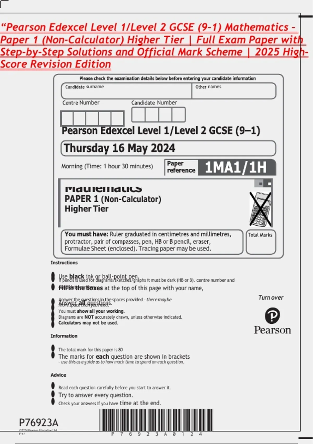 Pearson Edexcel Level 1/Level 2 GCSE (9–1) Mathematics – Paper 1 (Non ...