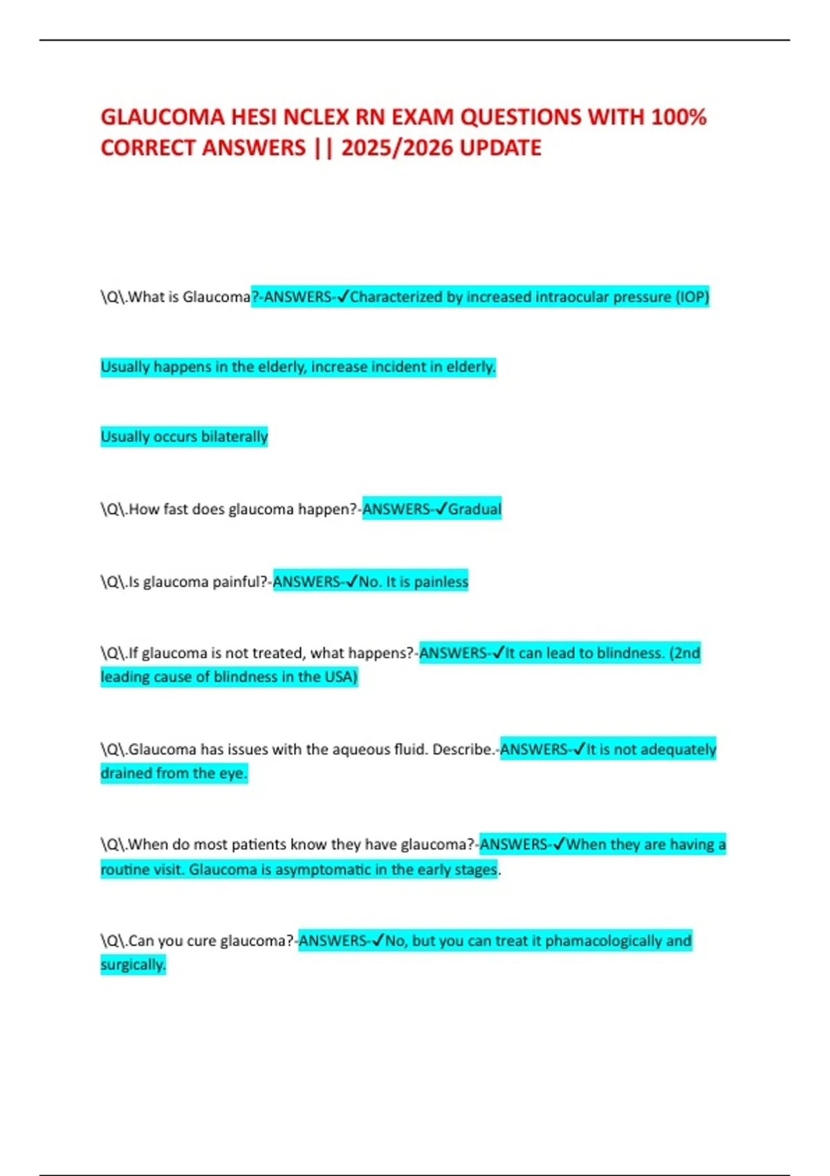 GLAUCOMA HESI NCLEX RN EXAM QUESTIONS WITH 100% CORRECT ANSWERS || 2025 ...