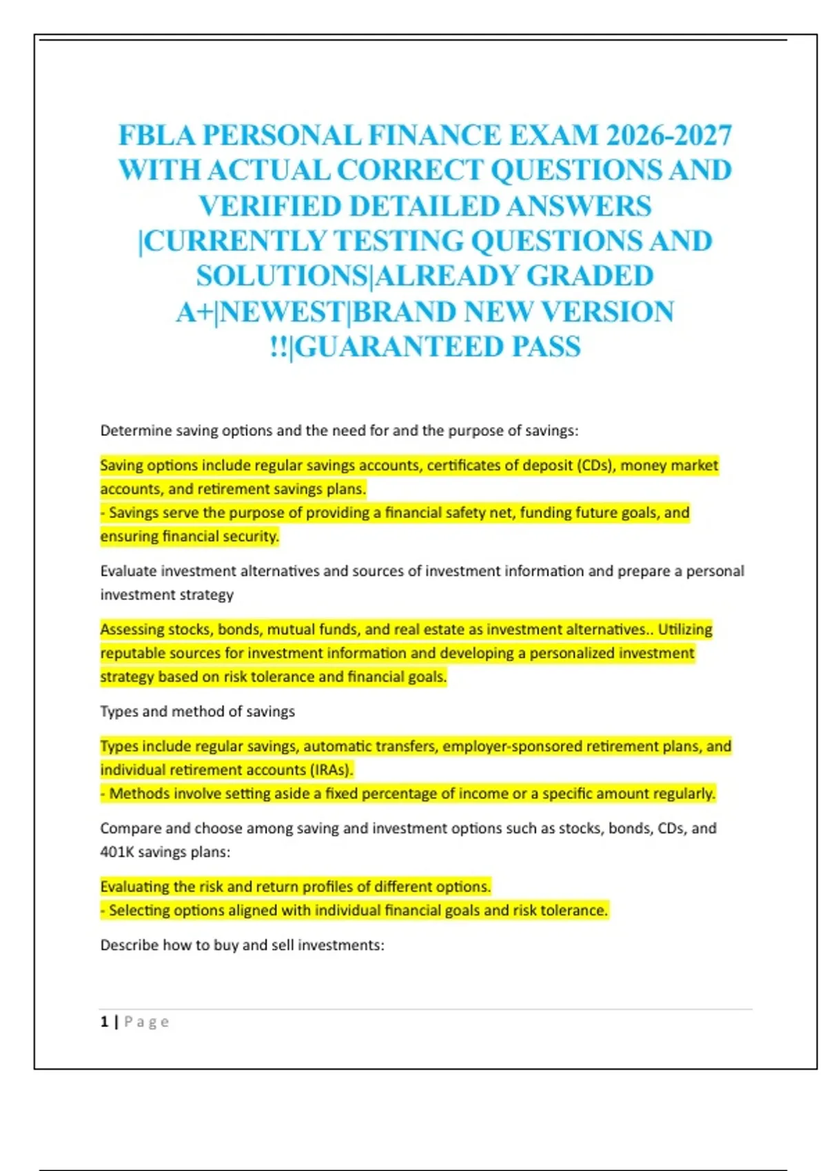 FBLA PERSONAL FINANCE EXAM WITH ACTUAL CORRECT QUESTIONS AND VERIFIED ...