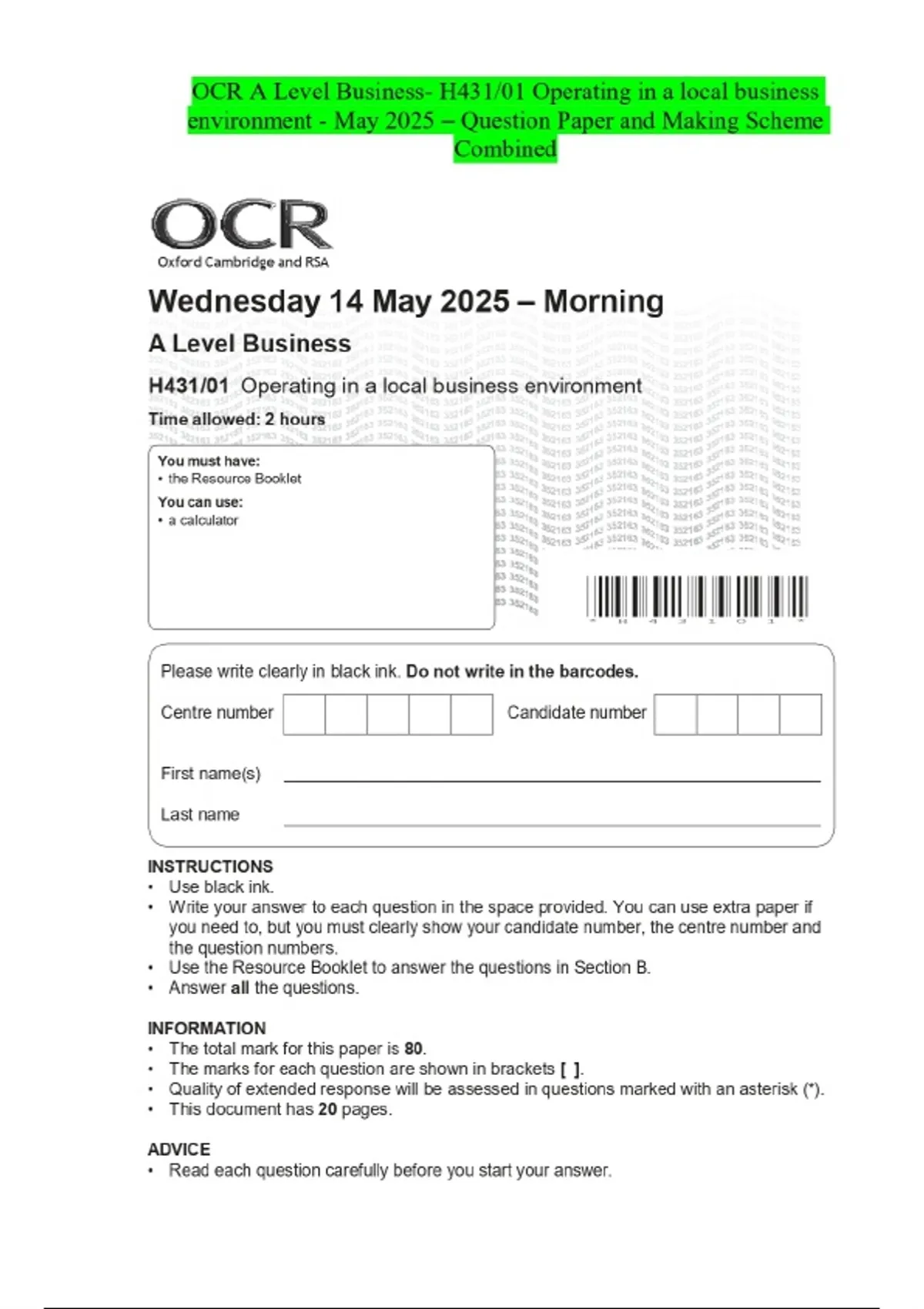 OCR A Level Business- H431/01 Operating in a local business environment ...