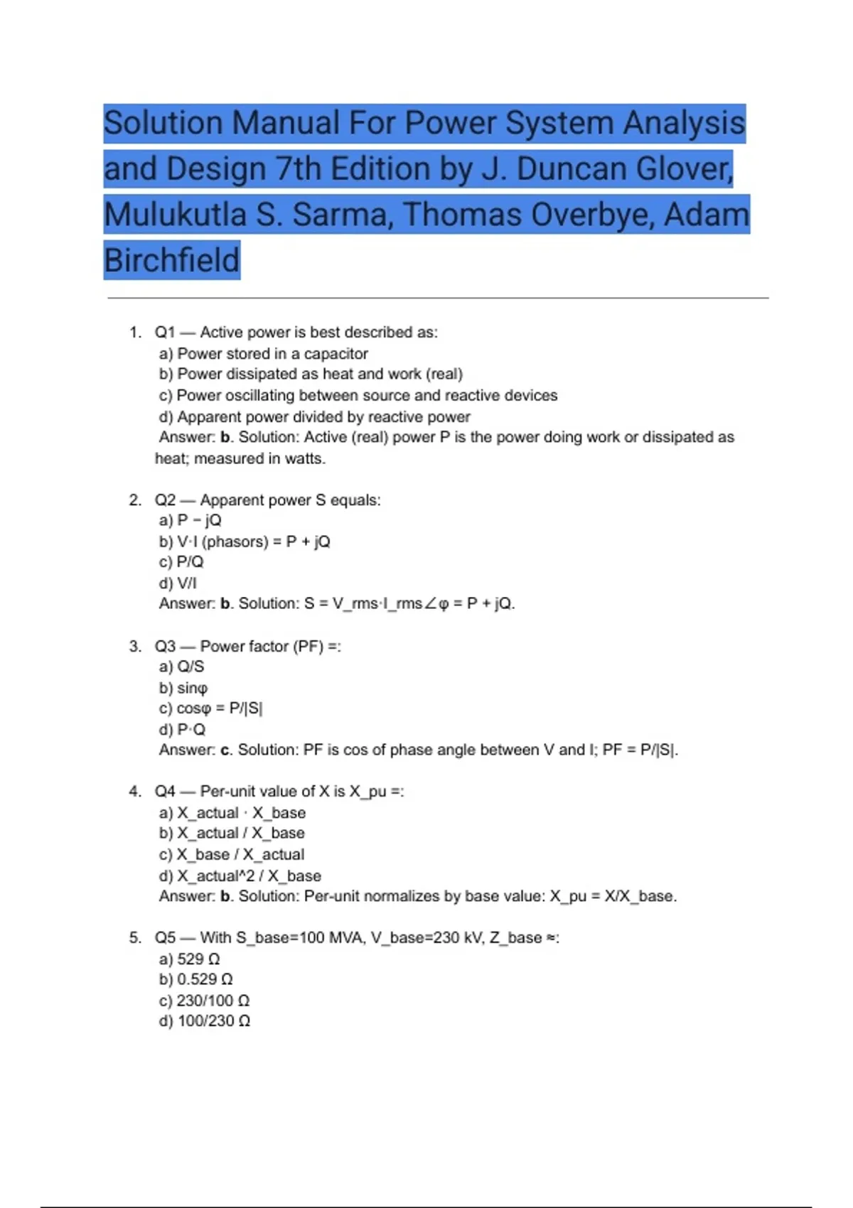 Solution Manual For Power System Analysis and Design 7th Edition by J ...