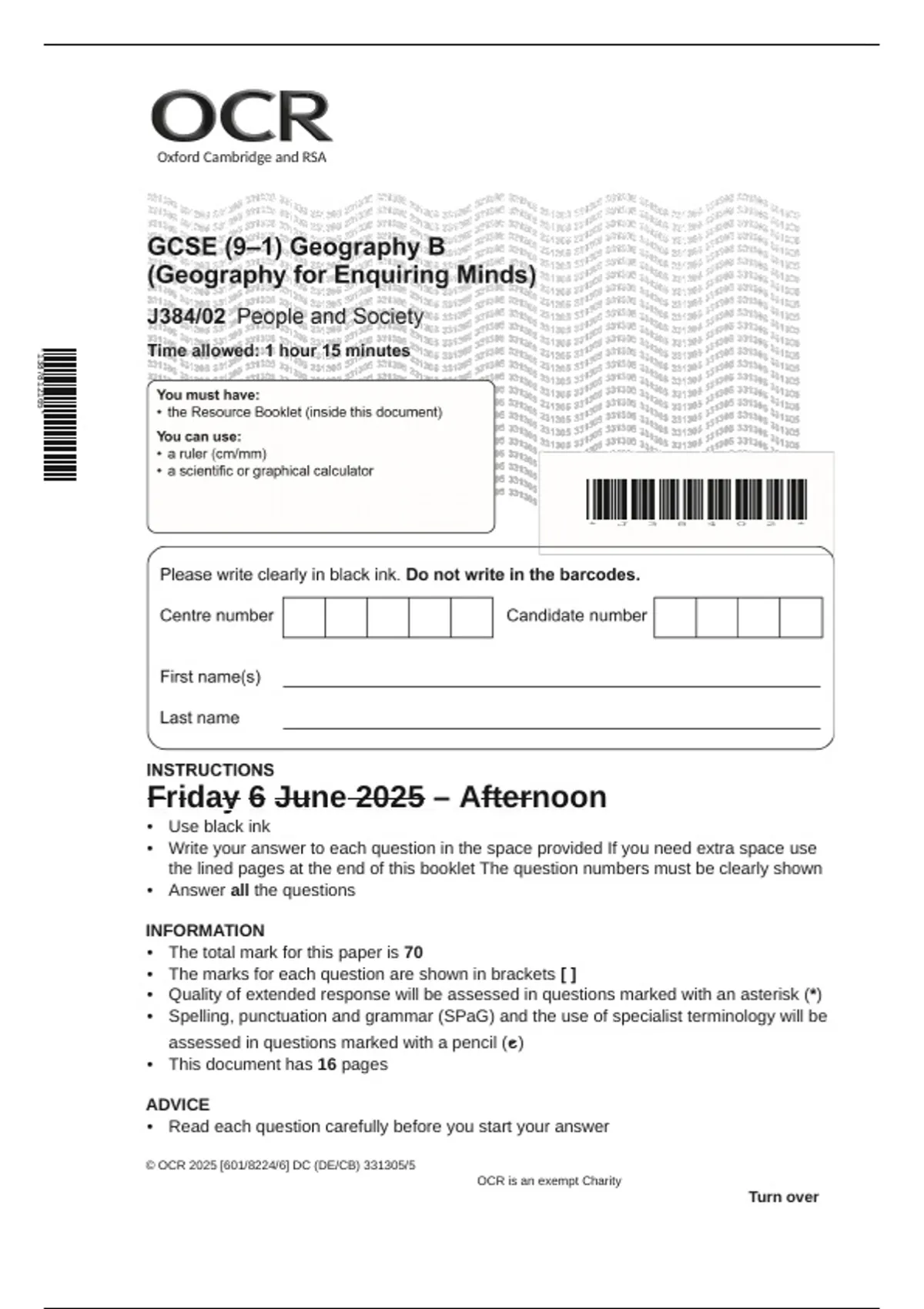 OCR GCSE Geography B – People and Society (2025) Actual Exam Paper ...