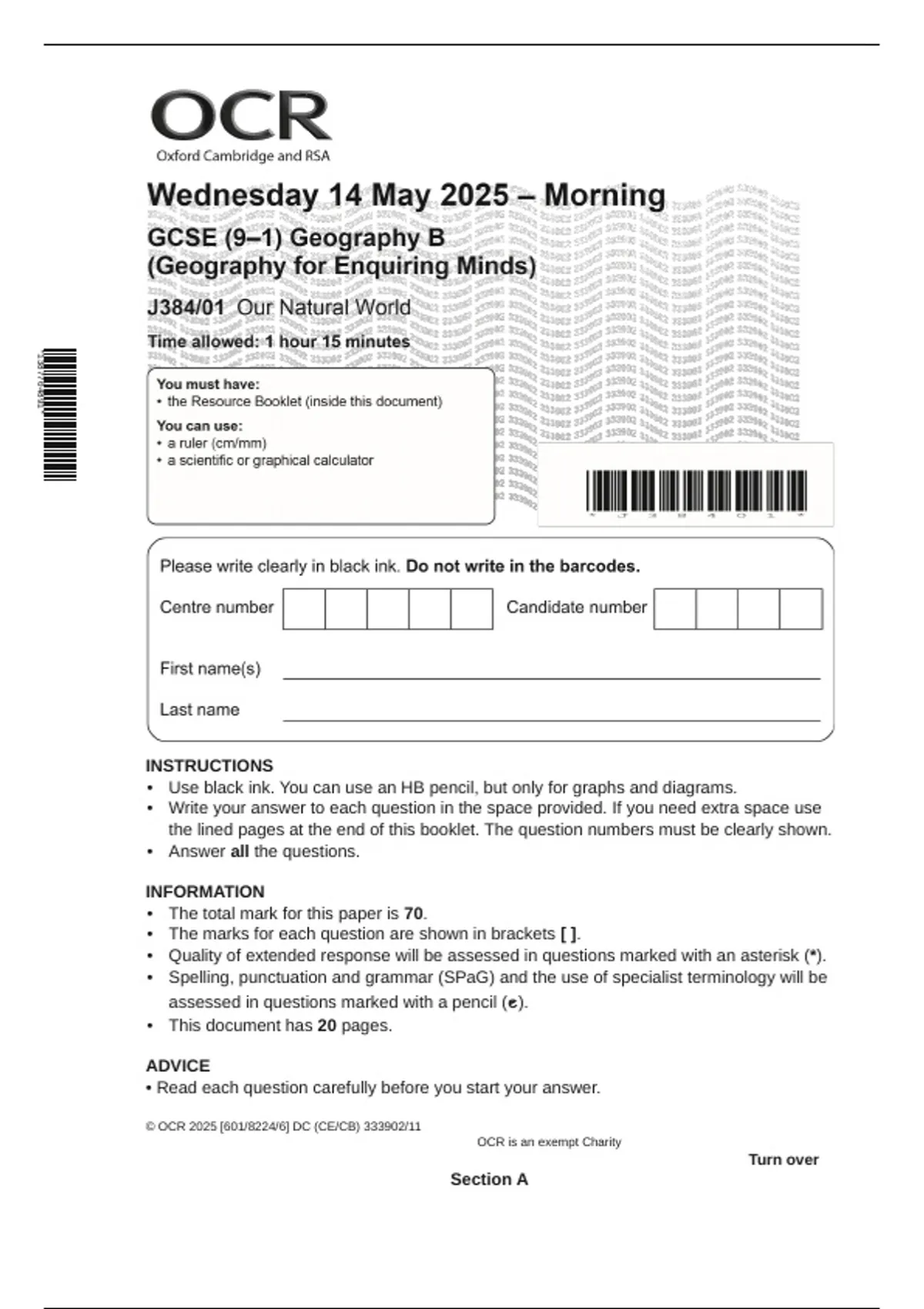 OCR GCSE Geography B – Our Natural World (2025) Actual Exam Paper ...