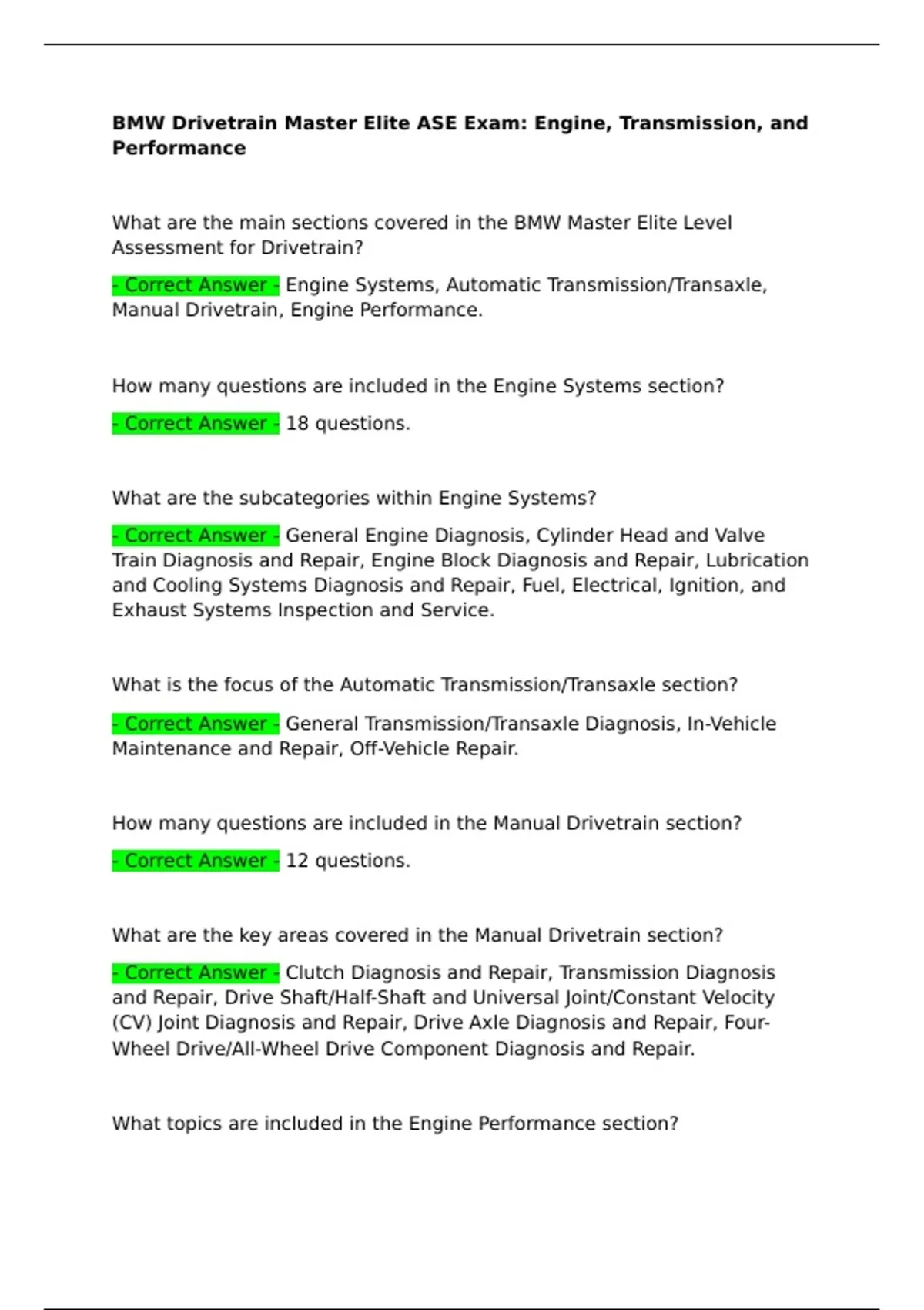 BMW DRIVETRAIN MASTER ELITE ASE EXAM | ENGINE, TRANSMISSION, AND ...