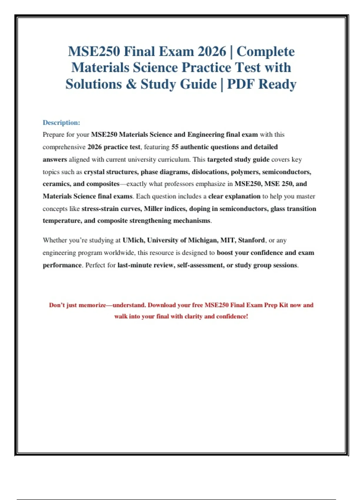 MSE250 Materials Science Final Exam 2026: Questions, Answers & Study ...