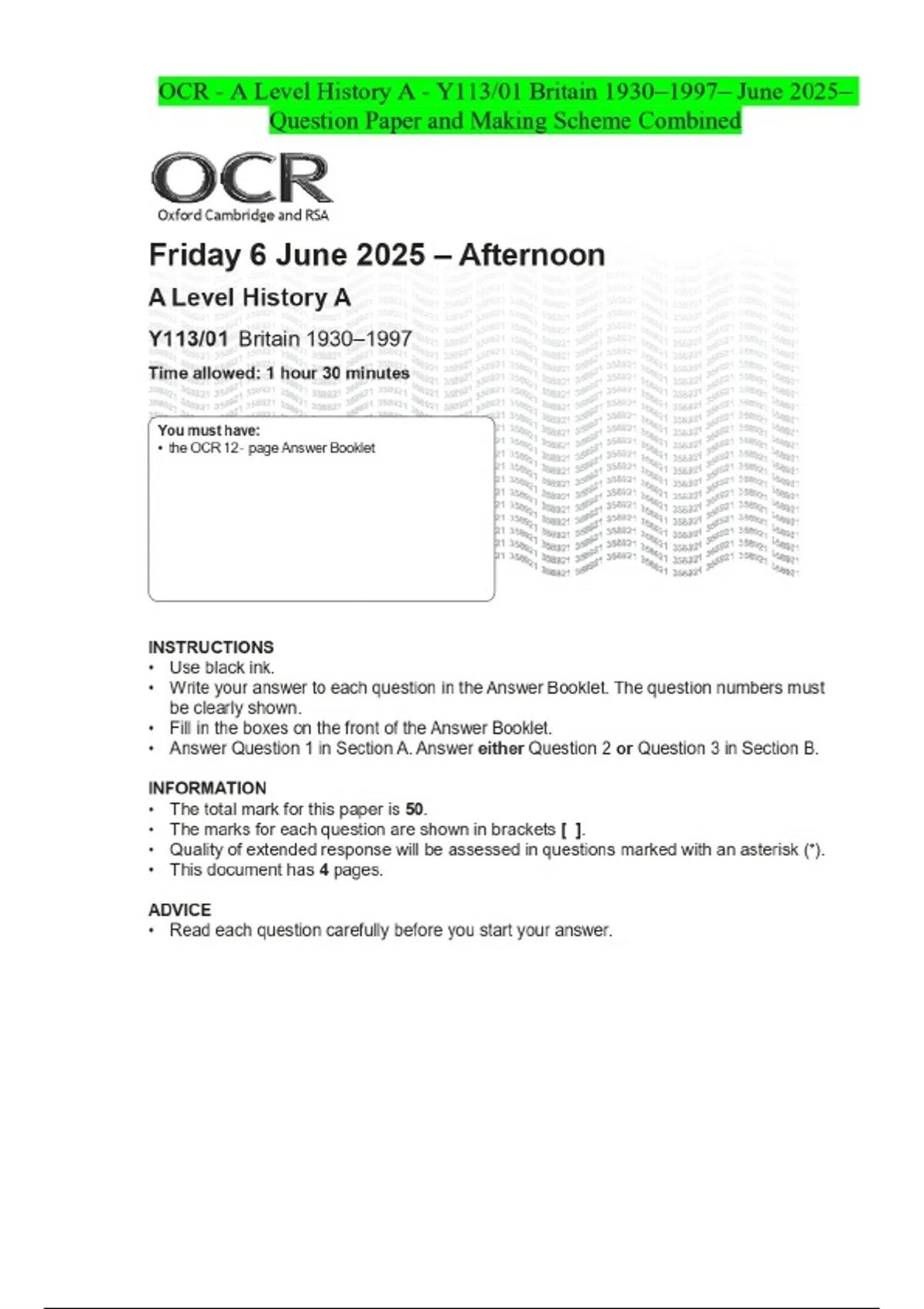OCR - A Level History A - Y113/01 Britain - June 2025- Question Paper ...