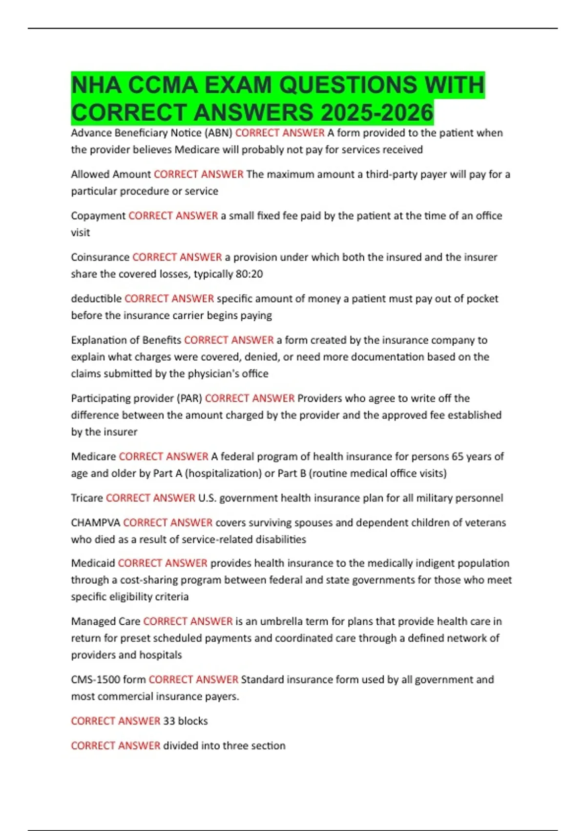 NHA CCMA EXAM QUESTIONS WITH CORRECT ANSWERS - NHA CCMA - Stuvia US