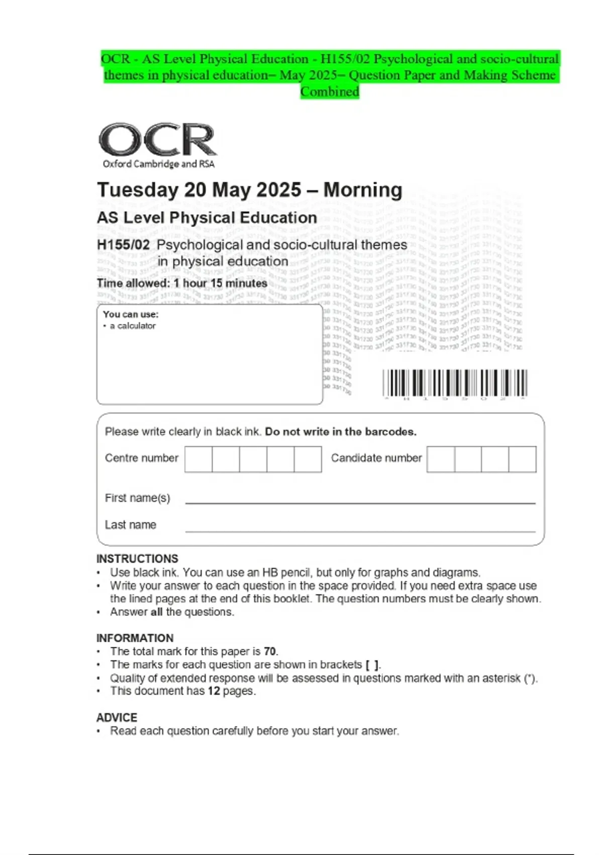 OCR - AS Level Physical Education - H155/02 Psychological and socio ...