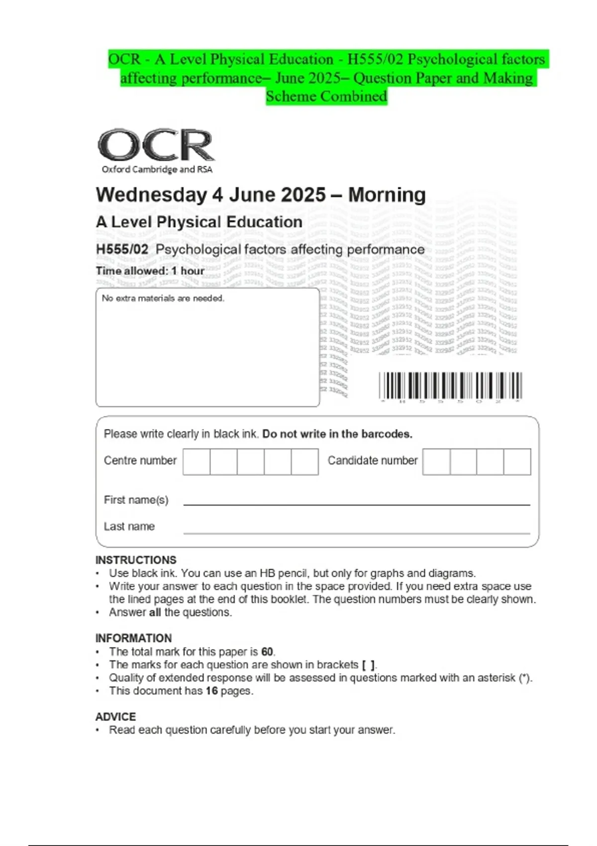 OCR - A Level Physical Education - H555/02 Psychological factors ...