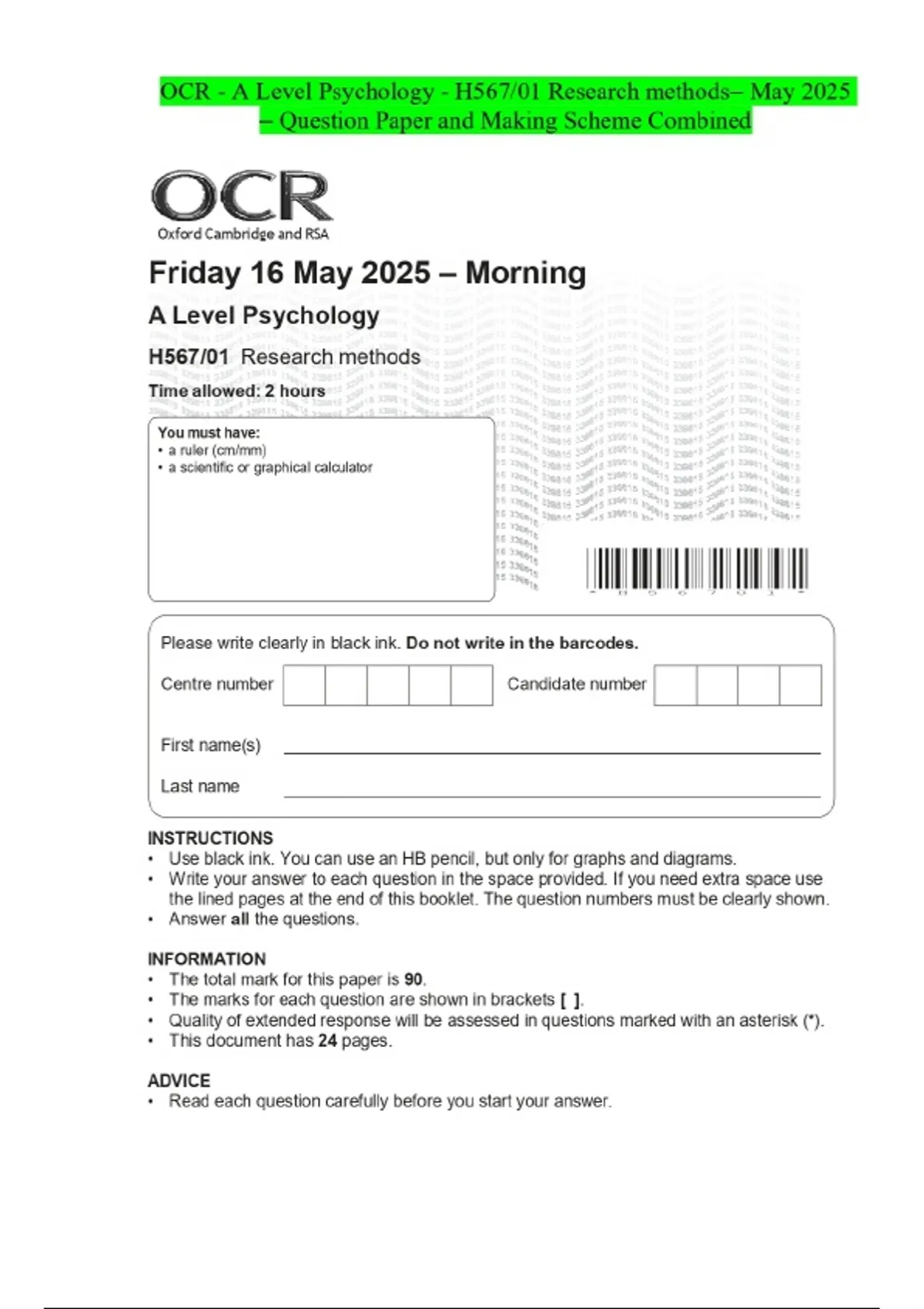 OCR - A Level Psychology - H567/01 Research methods- May 2025 Question ...