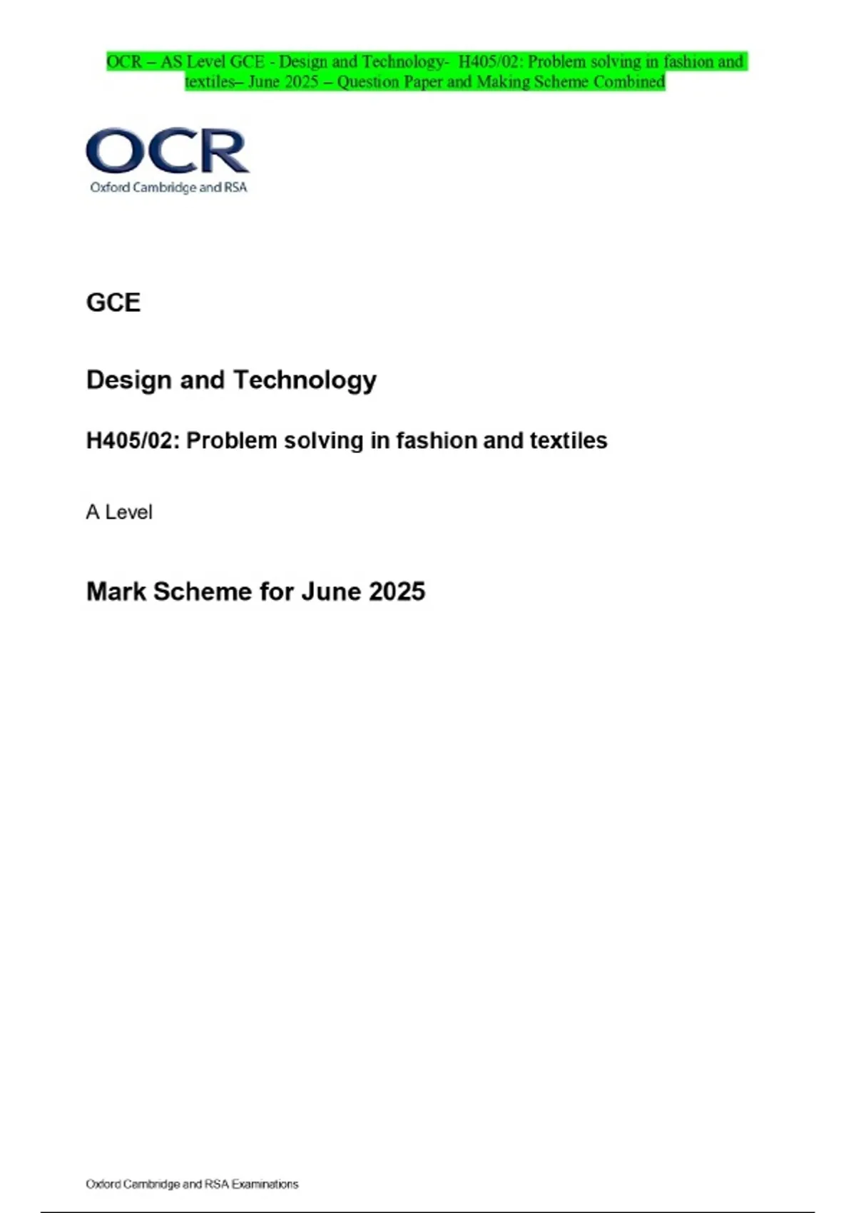 OCR - AS Level GCE - Design and Technology- H405/02: Problem solving in ...
