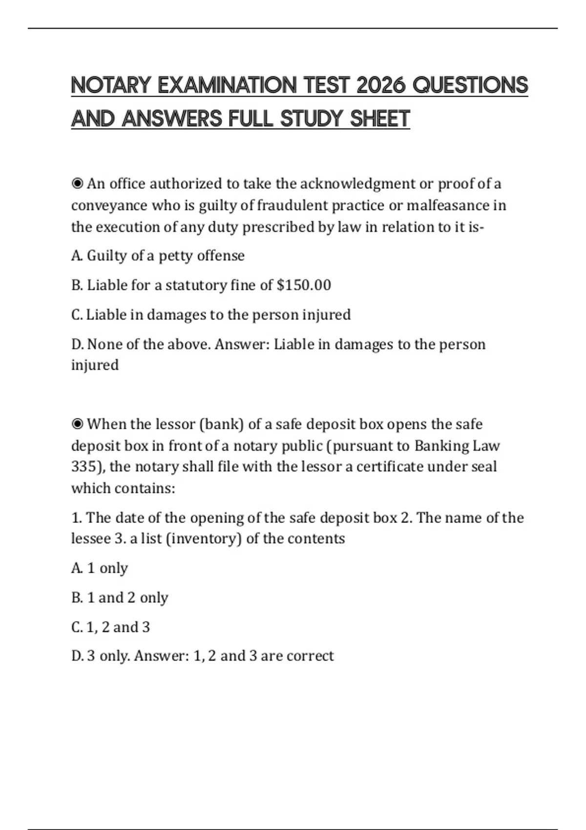 NOTARY EXAMINATION TEST 2026 QUESTIONS AND ANSWERS FULL STUDY SHEET ...