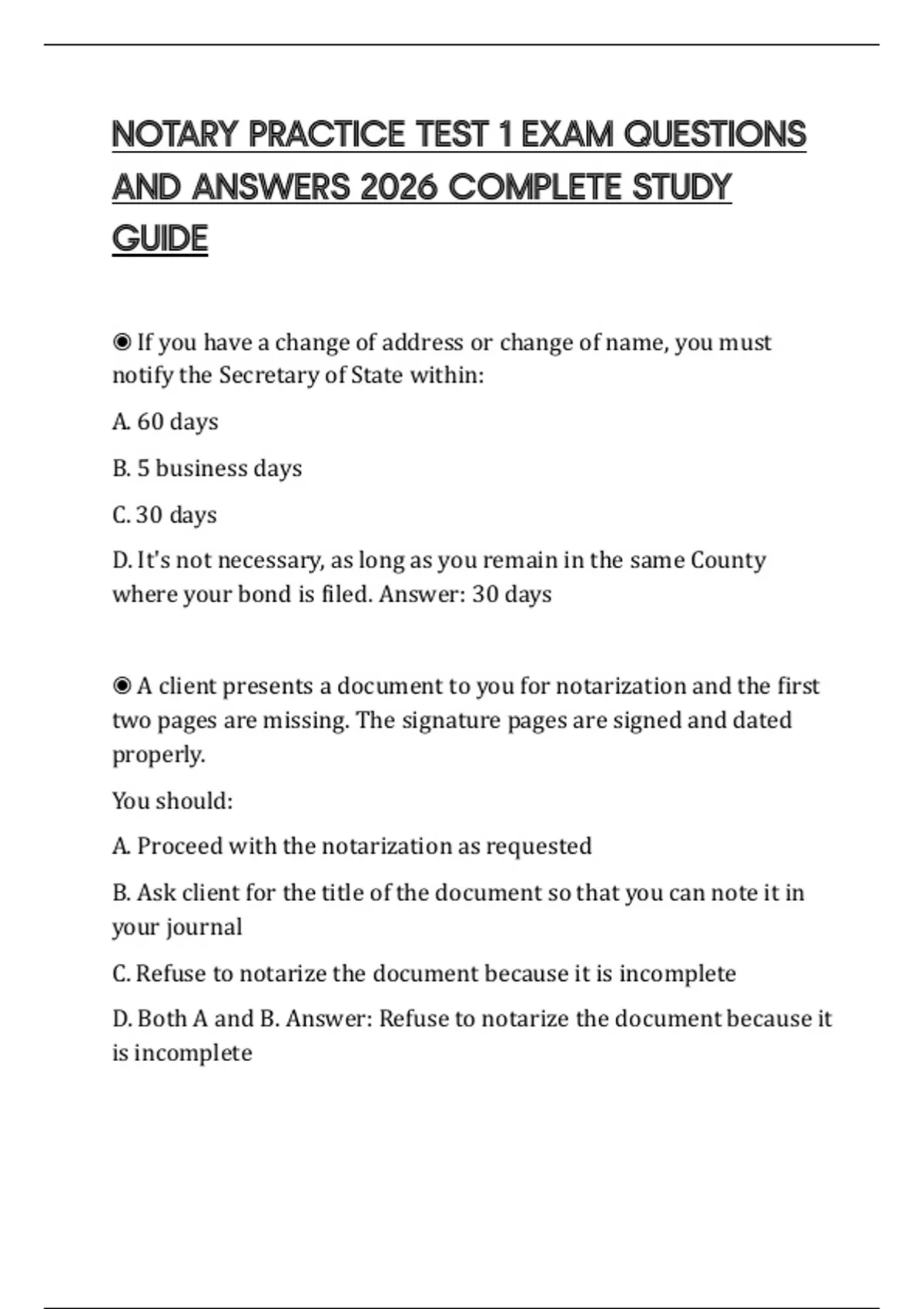 NOTARY PRACTICE TEST 1 EXAM QUESTIONS AND ANSWERS 2026 COMPLETE STUDY ...
