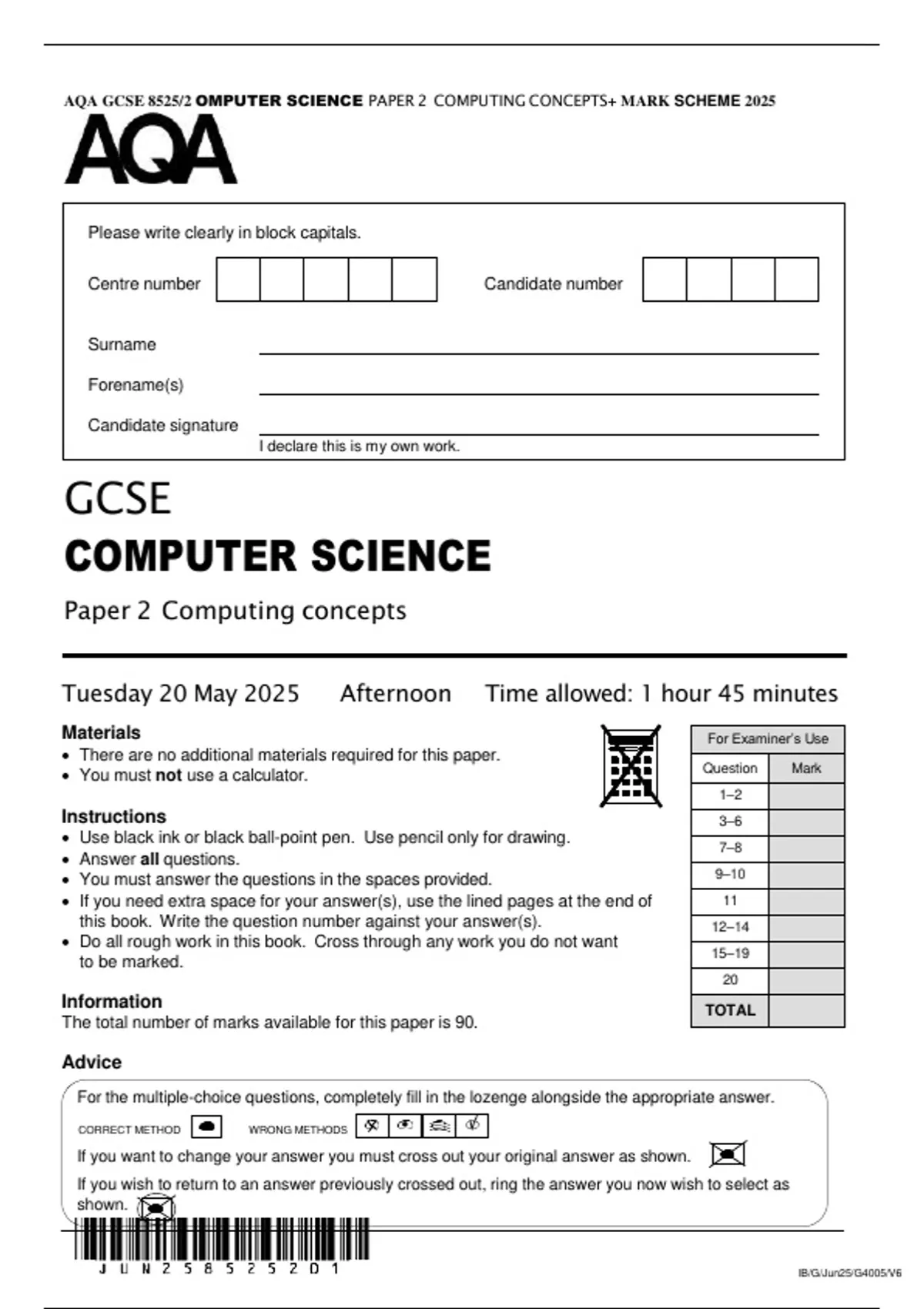 AQA GCSE 8525/2 C OMPUTER SCIENCE PAPER 2 COMPUTING CONCEPTS+ MARK ...