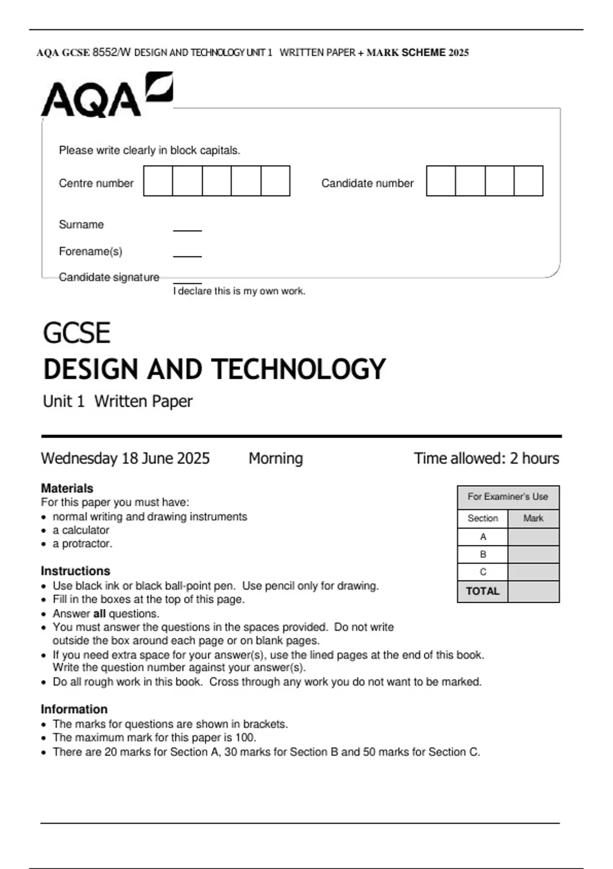 AQA GCSE 8552/W DESIGN AND TECHNOLOGYUNIT1 WRITTEN PAPER + MARK SCHEME ...