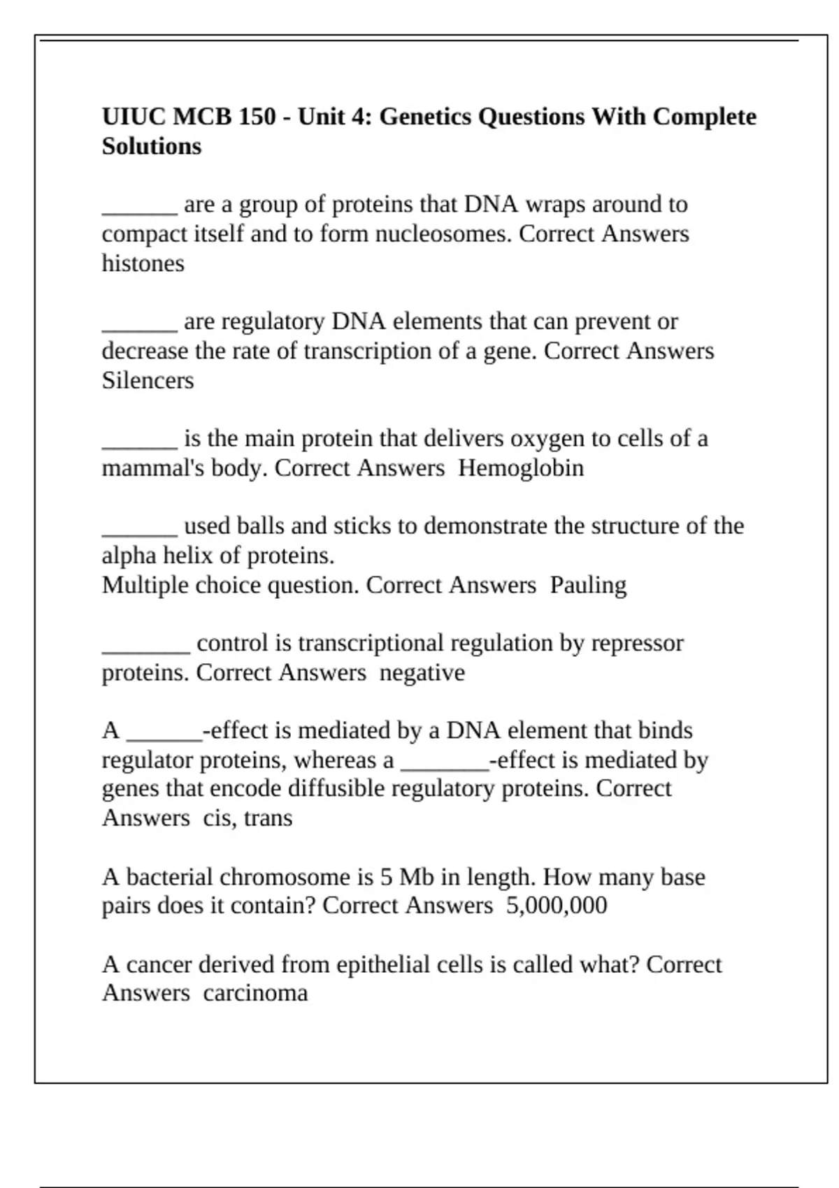 UIUC MCB 150 - Unit 4: Genetics Questions With Complete Solutions - MCB ...