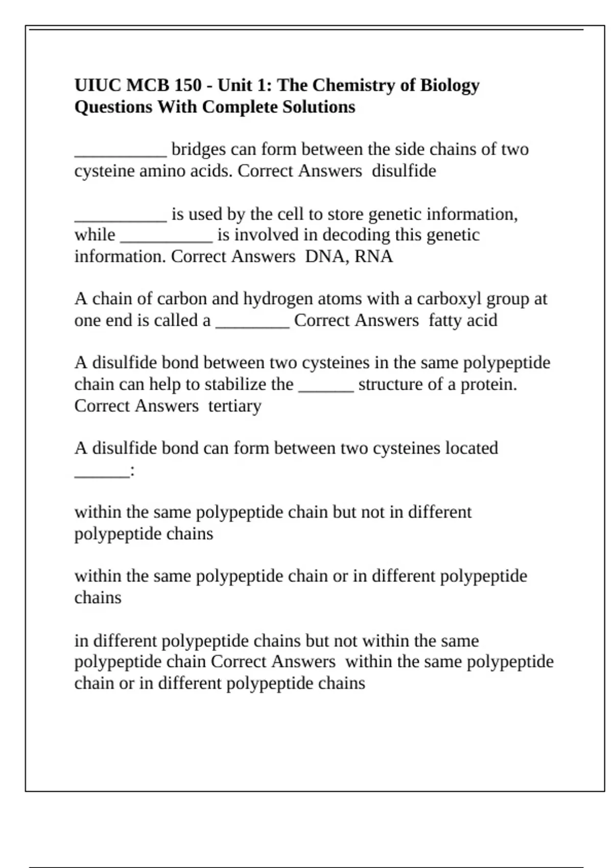 UIUC MCB 150 - Unit 1: The Chemistry of Biology Questions With Complete ...