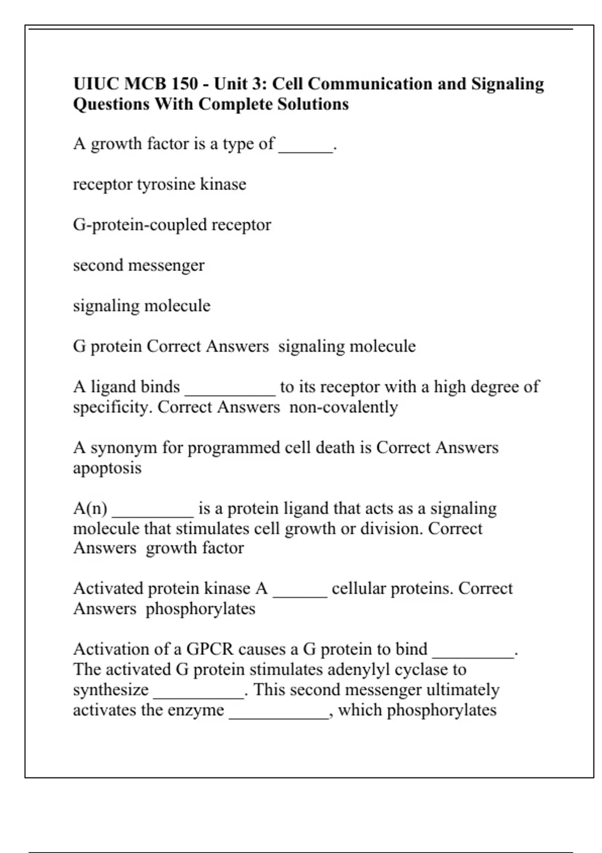 UIUC MCB 150 - Unit 3: Cell Communication and Signaling Questions With ...