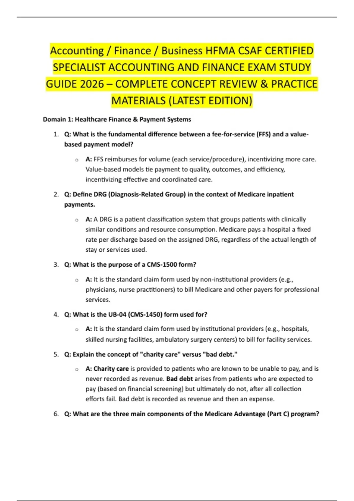 Accounting / Finance / Business HFMA CSAF CERTIFIED SPECIALIST ACCOUNTING AND FINANCE EXAM STUDY ...