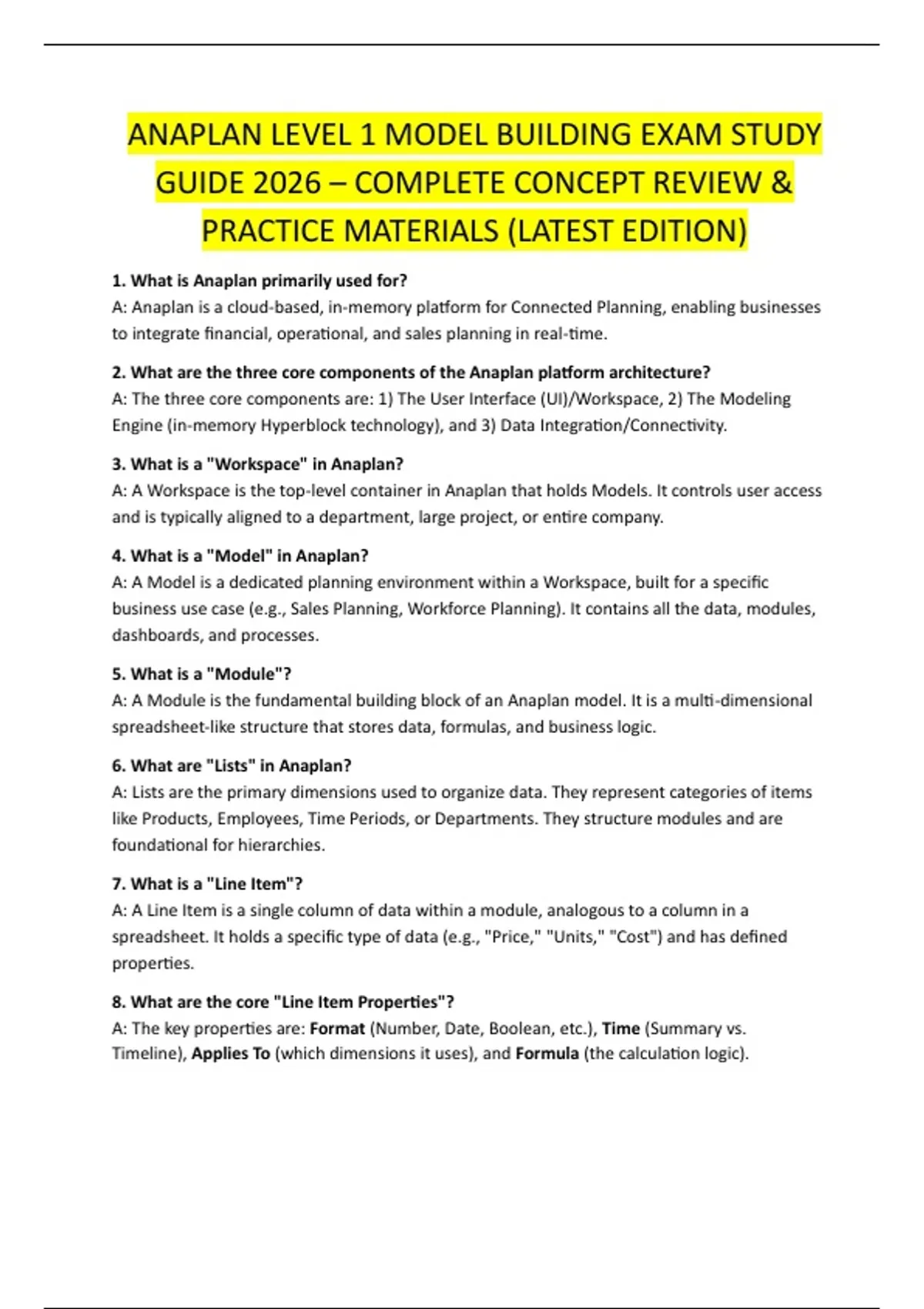 ANAPLAN LEVEL 1 MODEL BUILDING EXAM STUDY GUIDE 2026 – COMPLETE CONCEPT ...