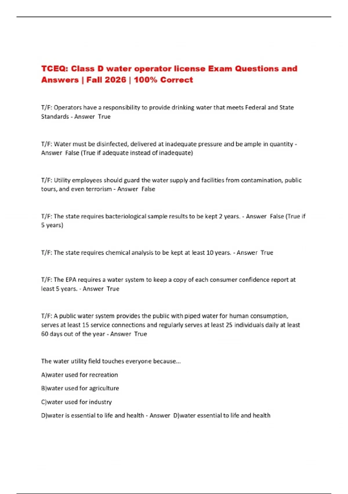 TCEQ: Class D water operator license Exam Questions and Answers | Fall ...