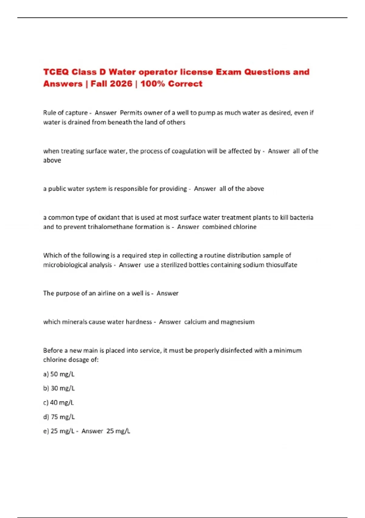 TCEQ Class D Water operator license Exam Questions and Answers | Fall ...