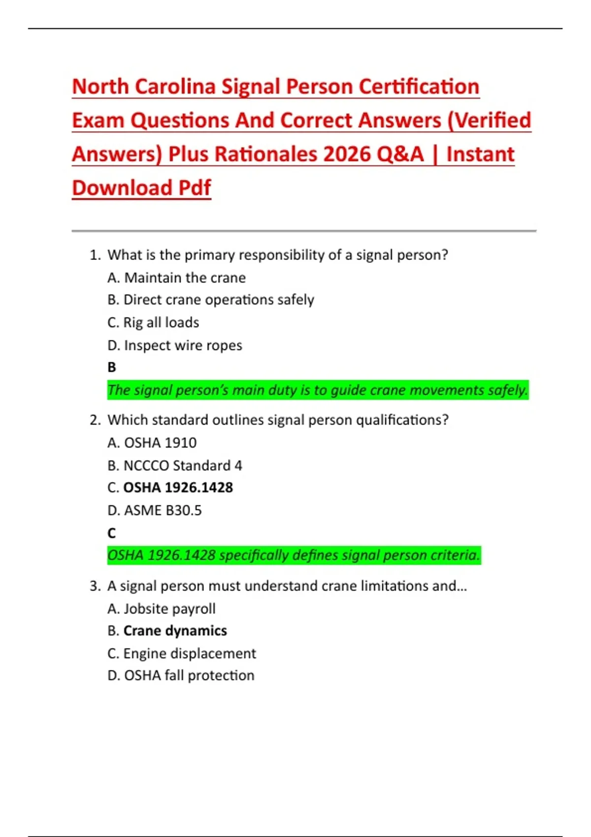 North Carolina Signal Person Certification Exam Questions And Correct ...