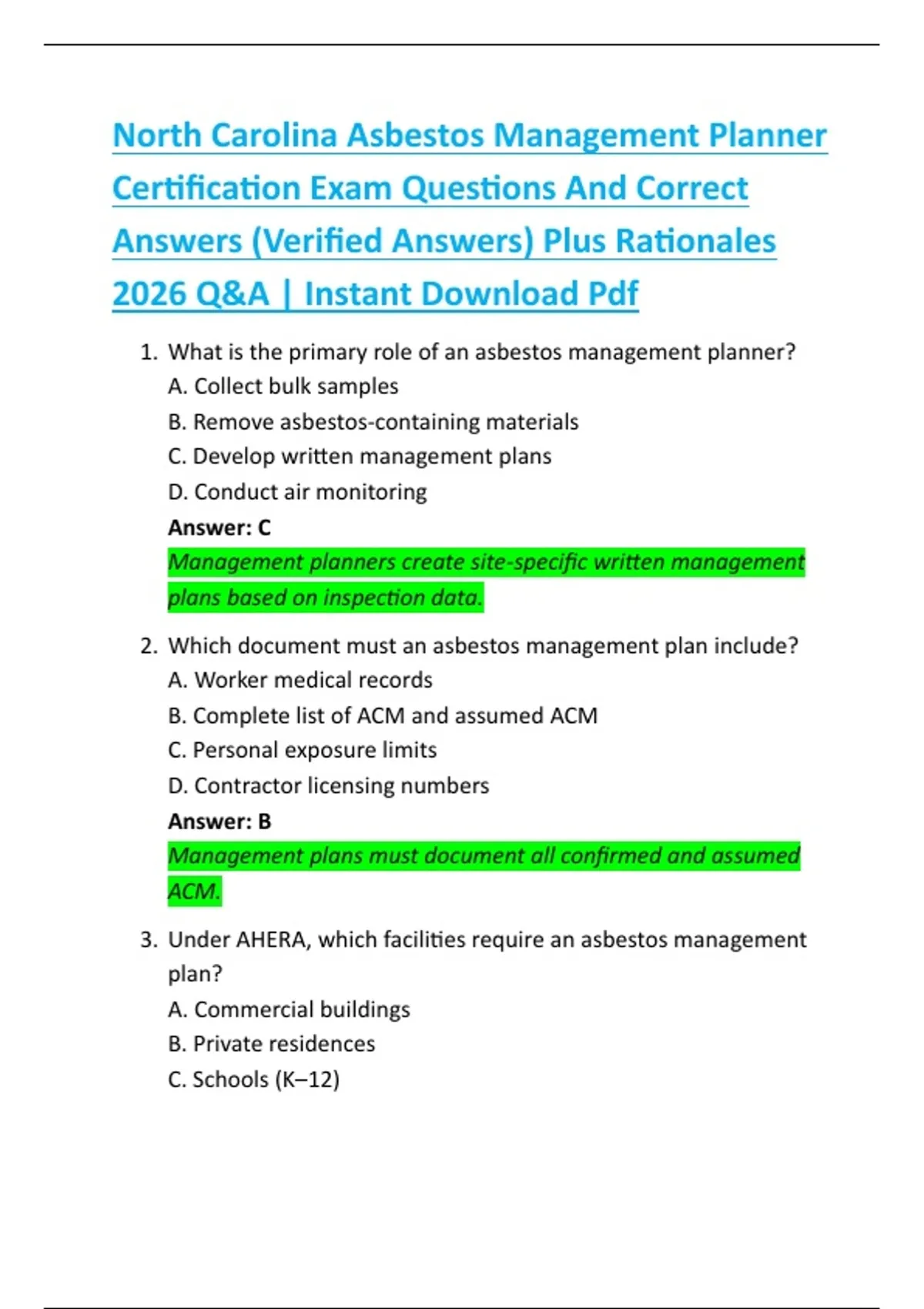 North Carolina Asbestos Management Planner Certification Exam Questions ...