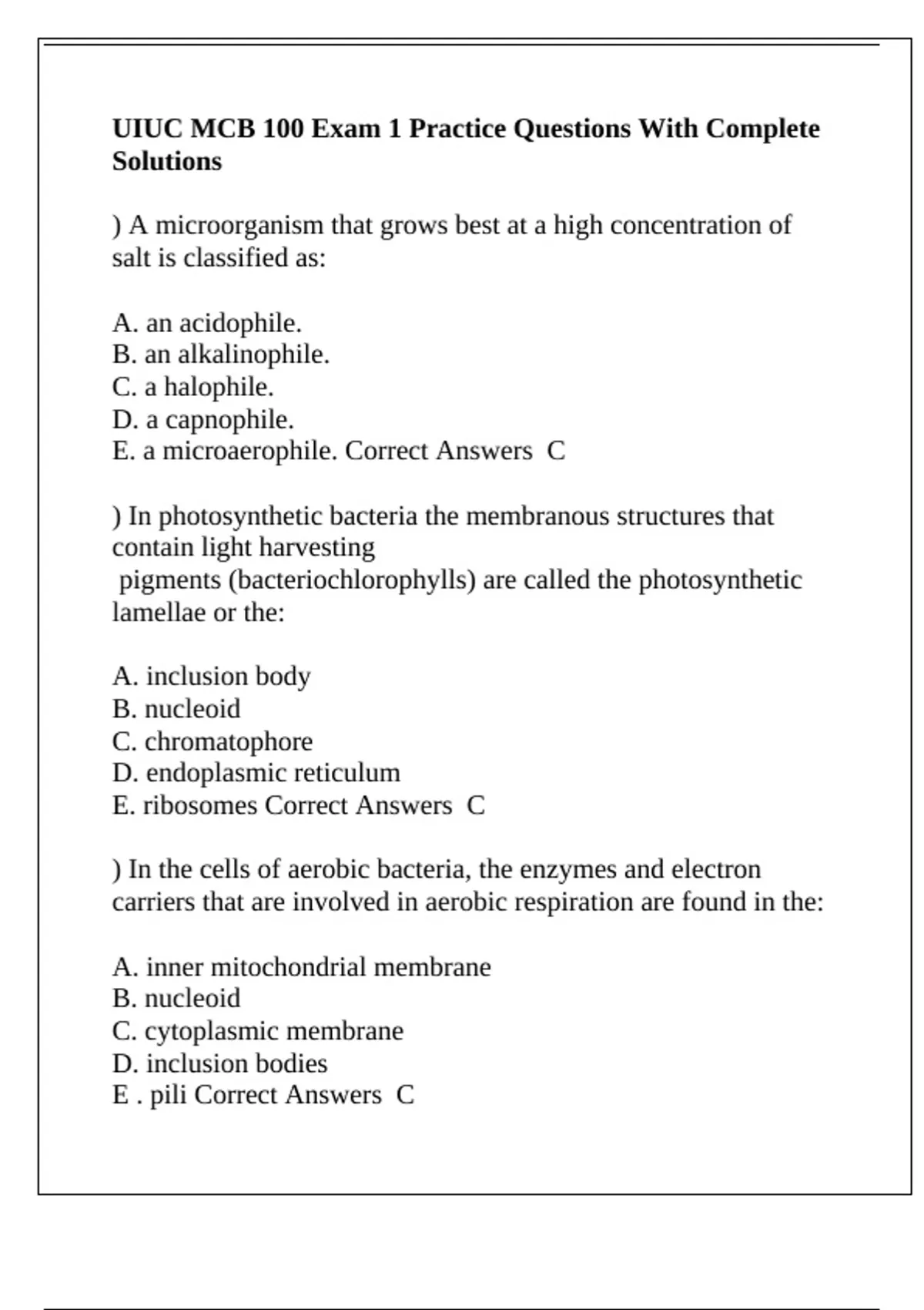 UIUC MCB 100 Exam 1 Practice Questions With Complete Solutions - MCB ...