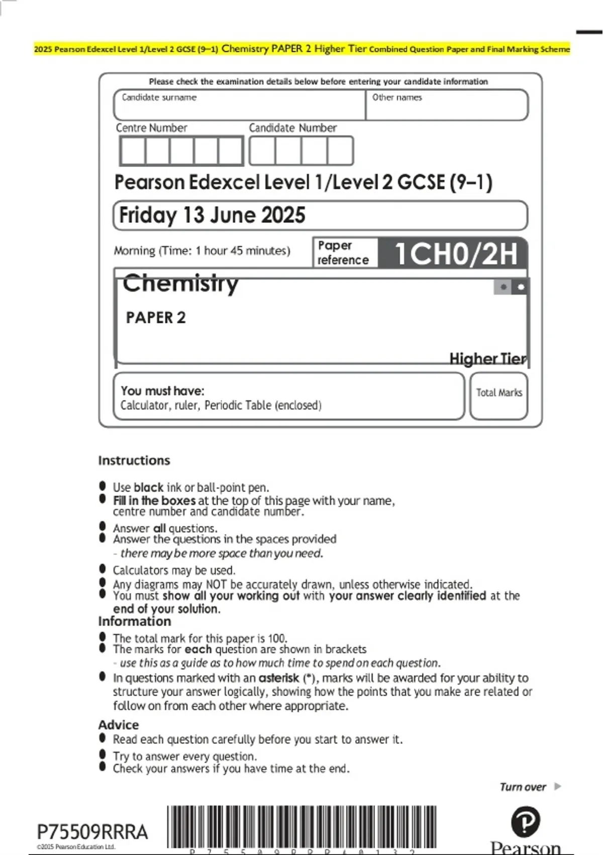 2025 Pearson Edexcel Level 1/Level 2 GCSE (9–1) Chemistry PAPER 2 ...