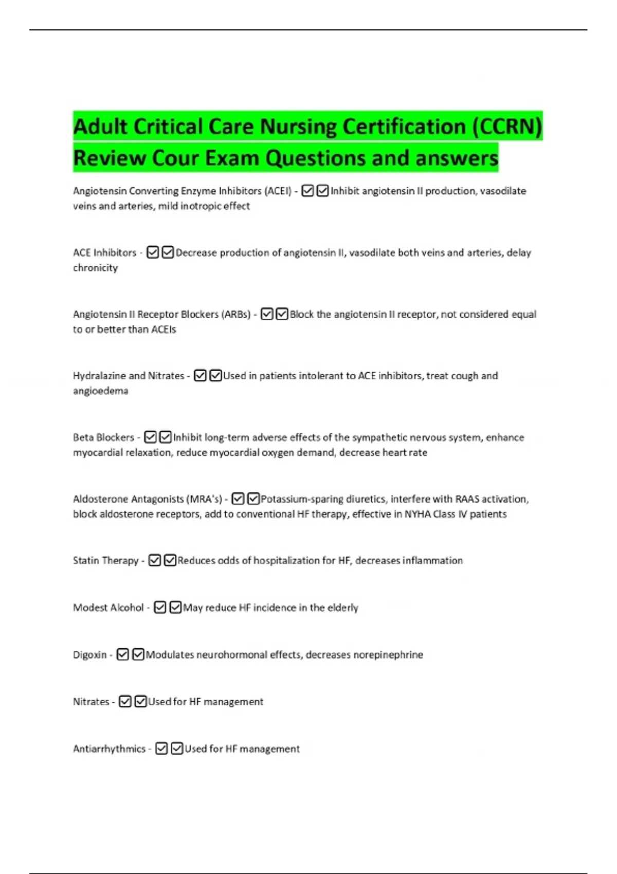 Adult Critical Care Nursing Certification (CCRN) Review Cour Exam ...