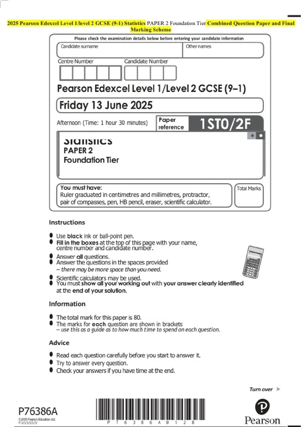 2025 Pearson Edexcel Level 1/level 2 GCSE (9-1) Statistics PAPER 1 ...
