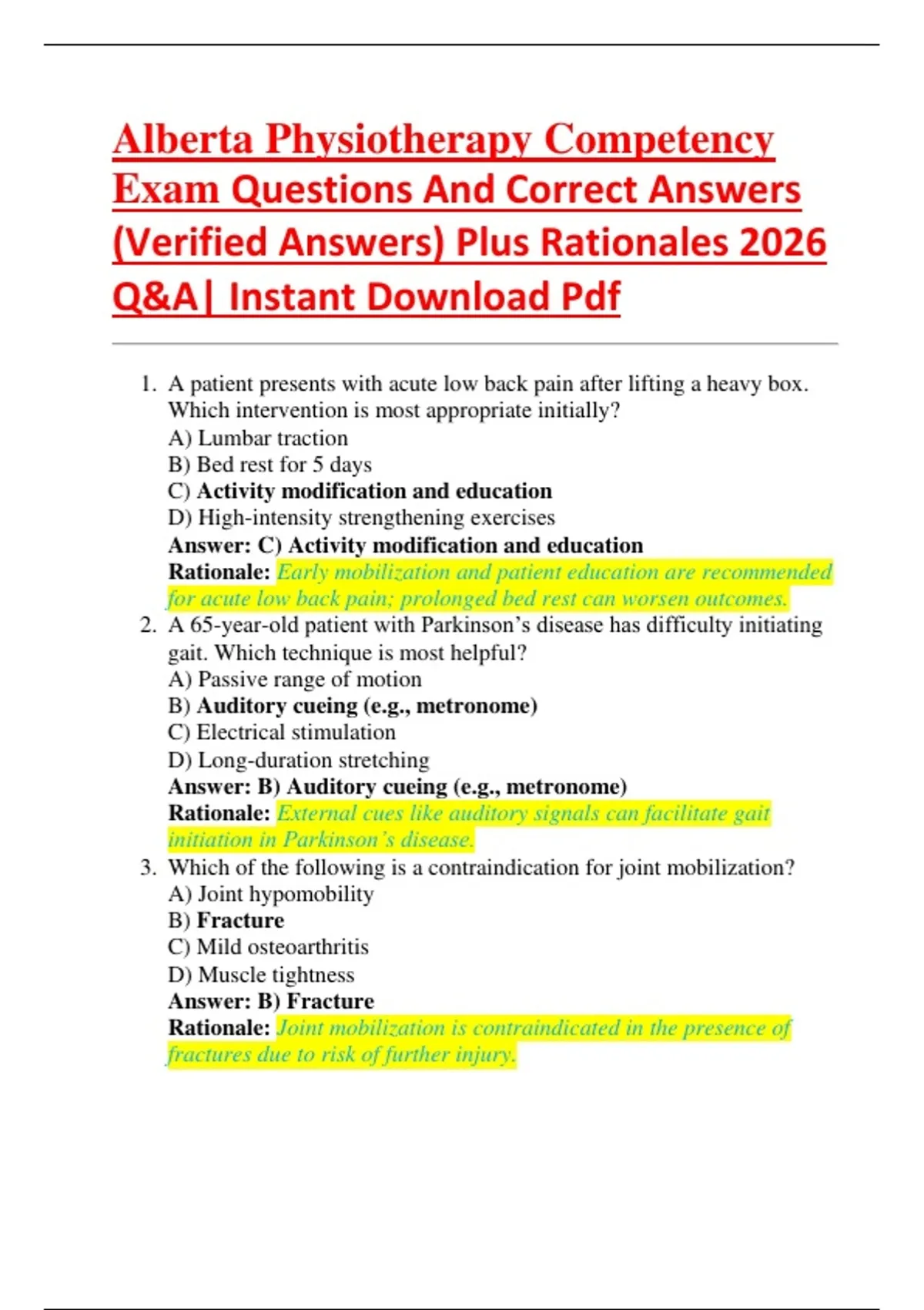 Alberta Physiotherapy Competency Exam Questions And Correct Answers ...