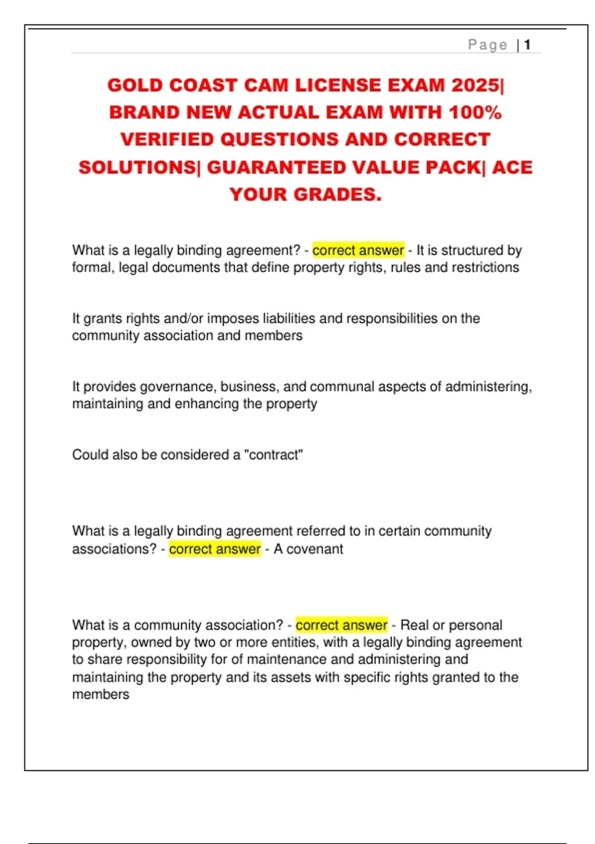Gold Coast CAM License Exam 2025 | Brand New Actual Exam | 100% ...