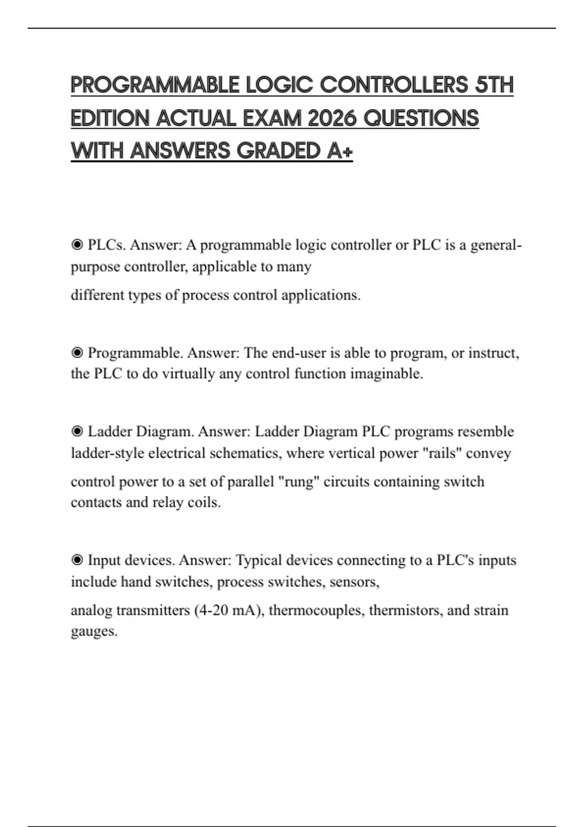 PROGRAMMABLE LOGIC CONTROLLERS 5TH EDITION ACTUAL EXAM 2026 QUESTIONS WITH ANSWERS GRADED A+ ...