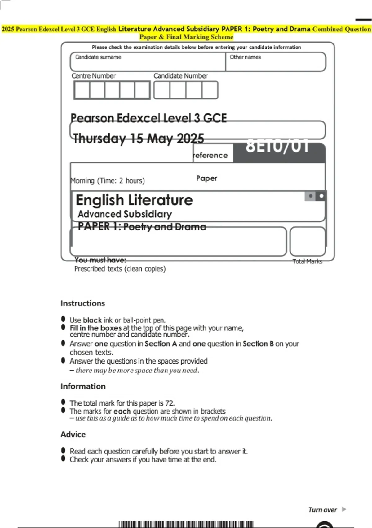 2025 Pearson Edexcel Level 3 GCE English Literature Advanced Subsidiary ...