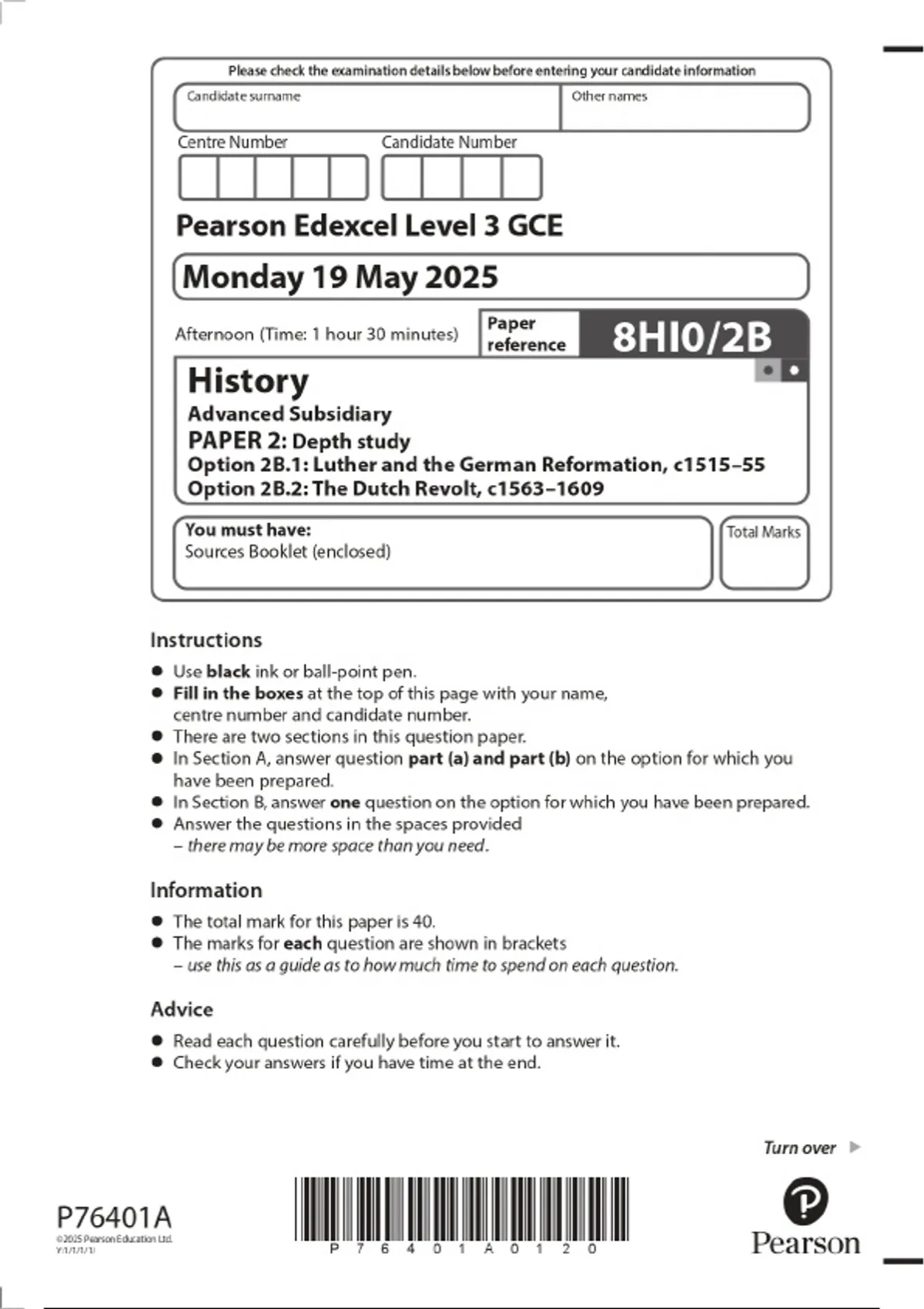 2025 Pearson Edexcel Level 3 GCE History Advanced Subsidiary PAPER 2 ...